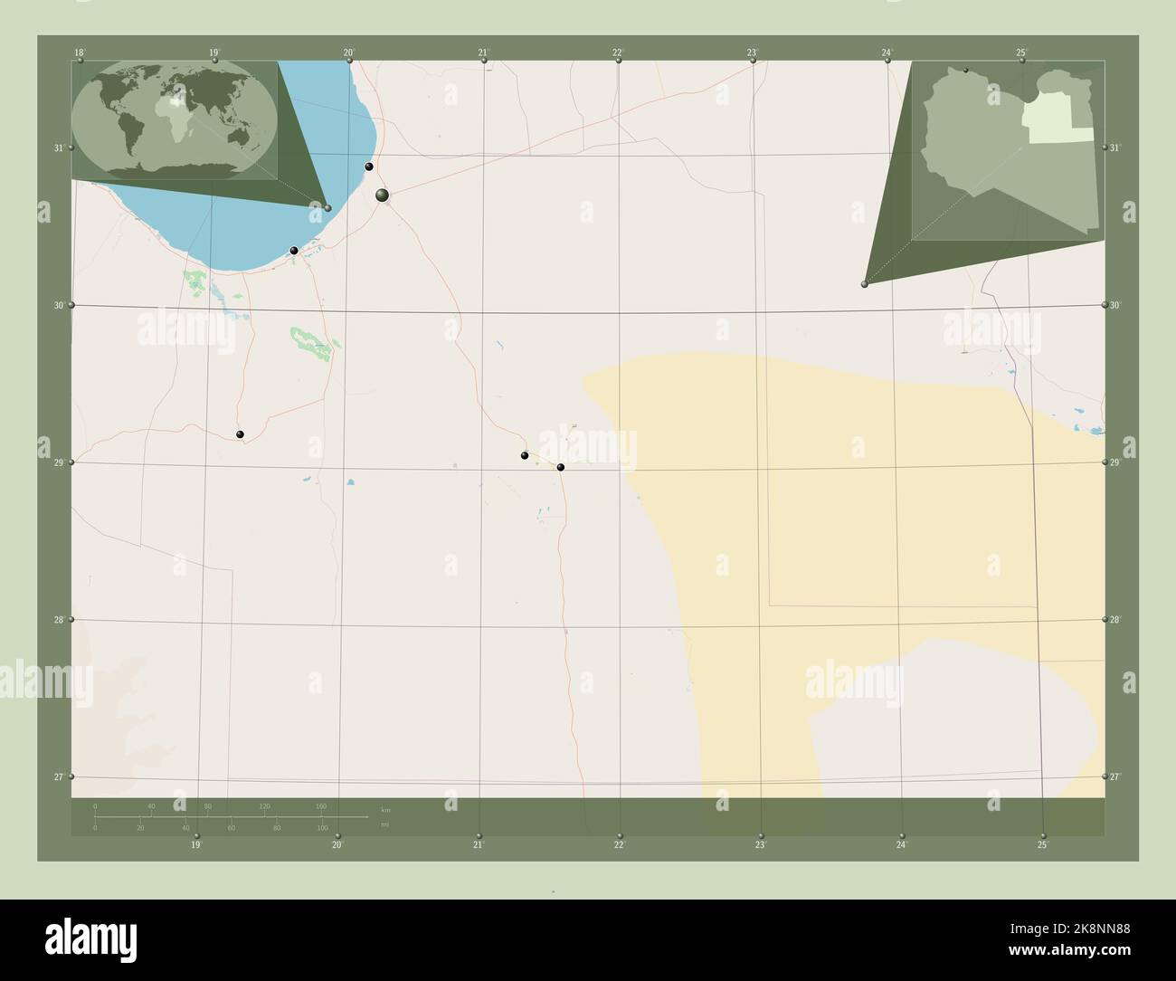 Al Wahat, district of Libya. Open Street Map. Locations of major cities ...