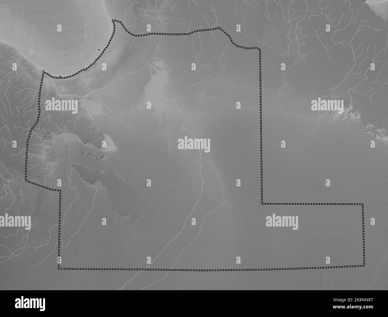 Al Wahat, district of Libya. Grayscale elevation map with lakes and ...