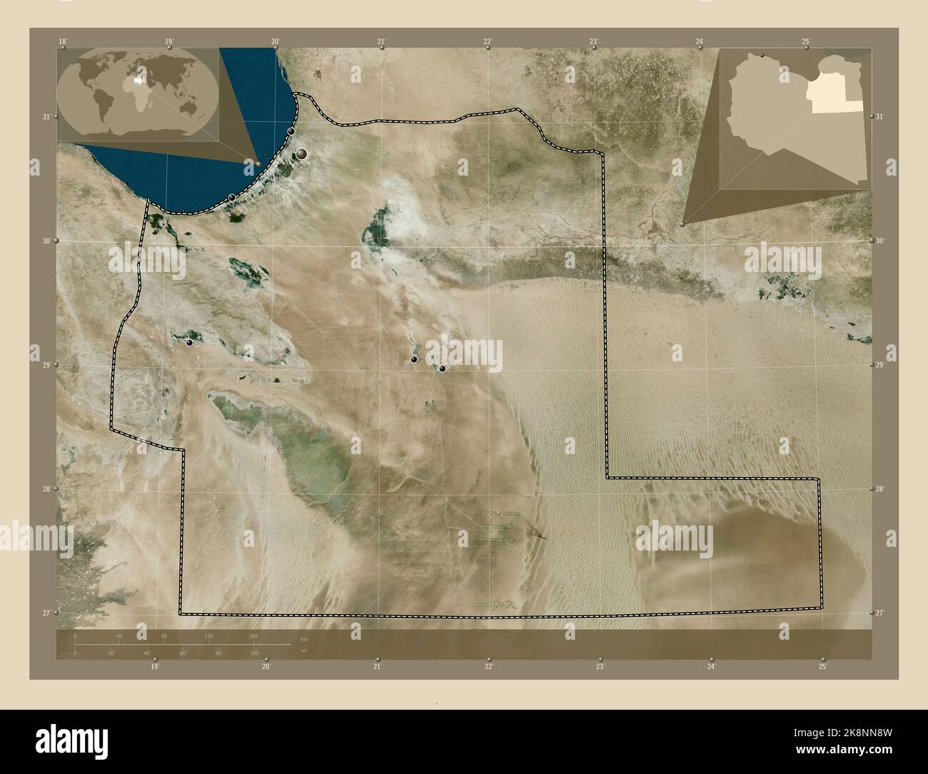 Al Wahat, district of Libya. High resolution satellite map. Locations ...