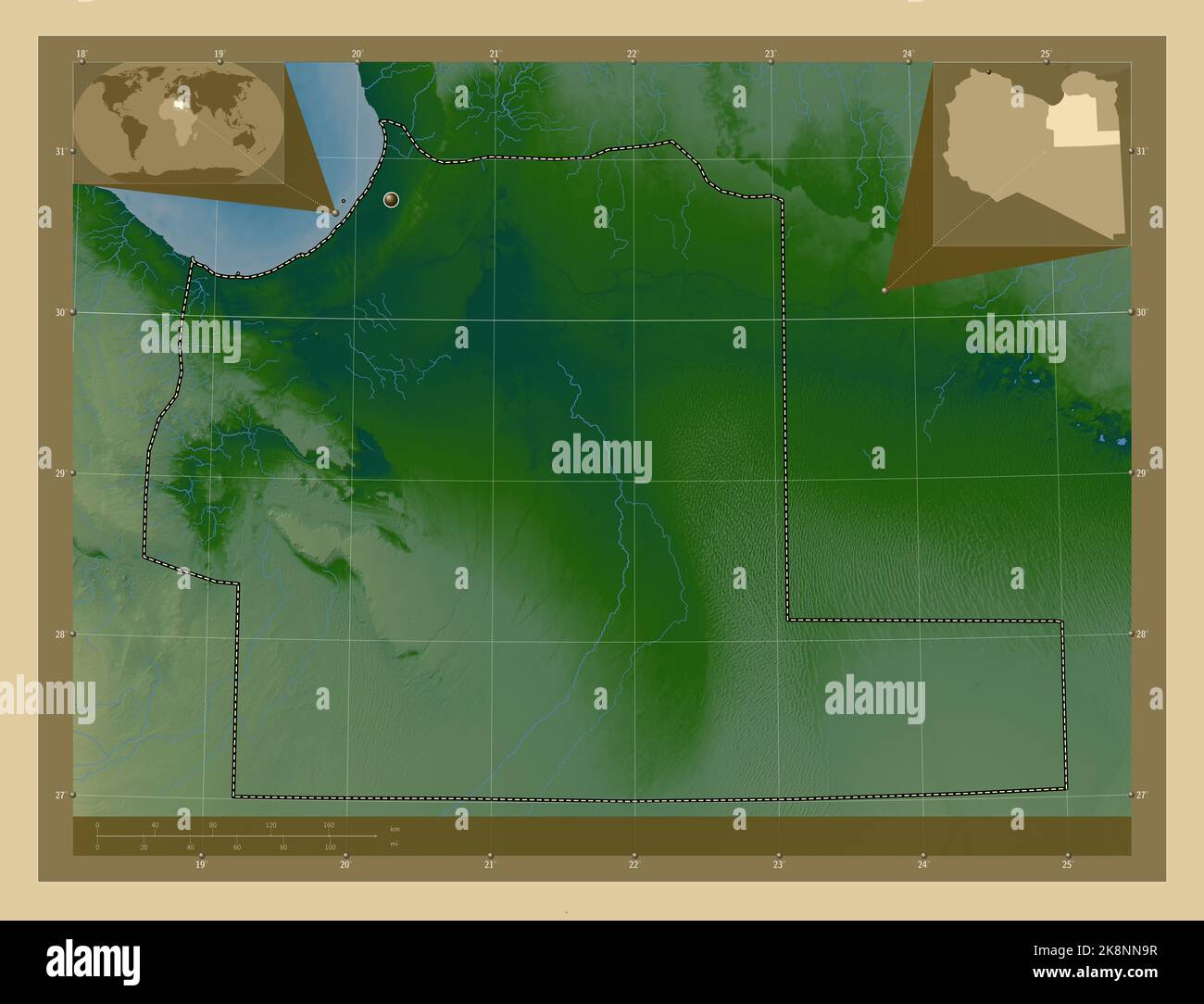 Al Wahat, district of Libya. Colored elevation map with lakes and ...