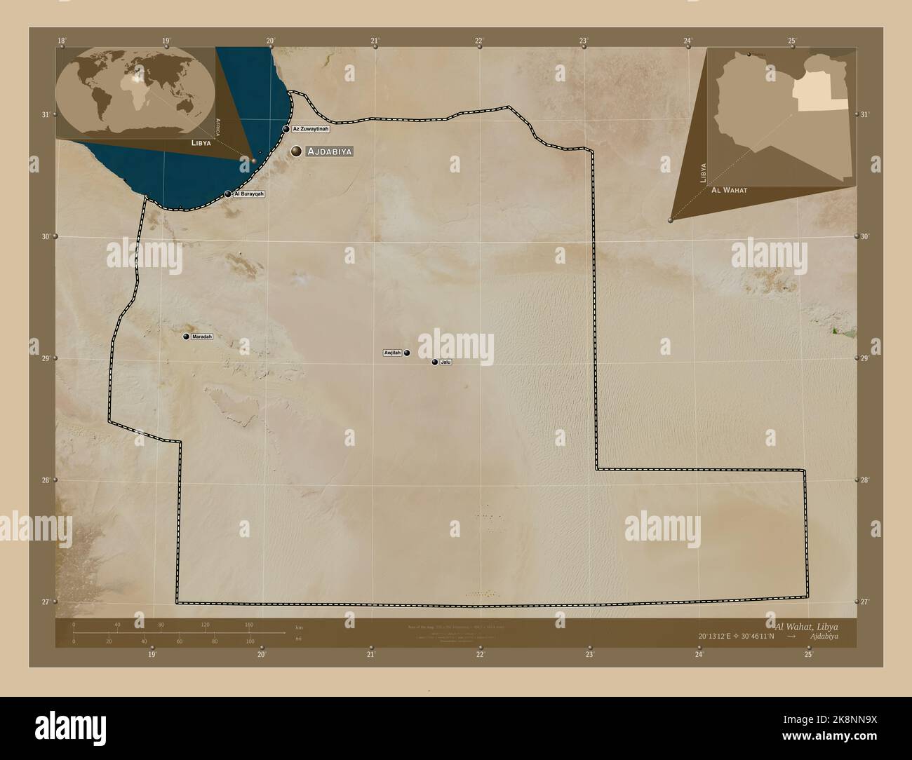 Al Wahat, district of Libya. Low resolution satellite map. Locations ...