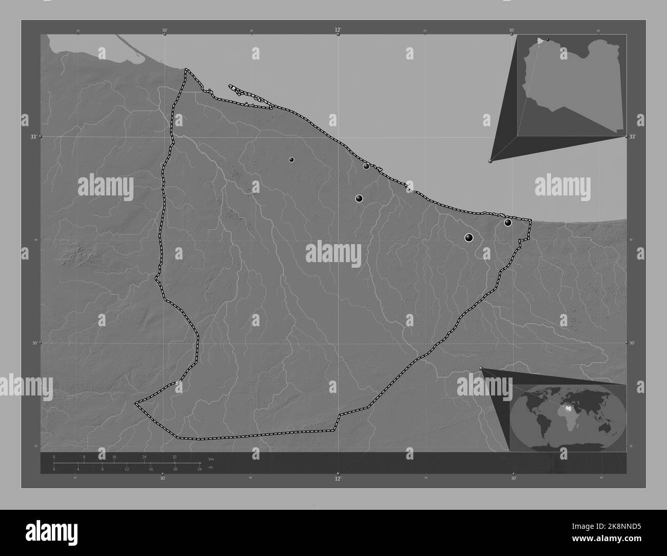 An Nuqat al Khams, district of Libya. Bilevel elevation map with lakes ...