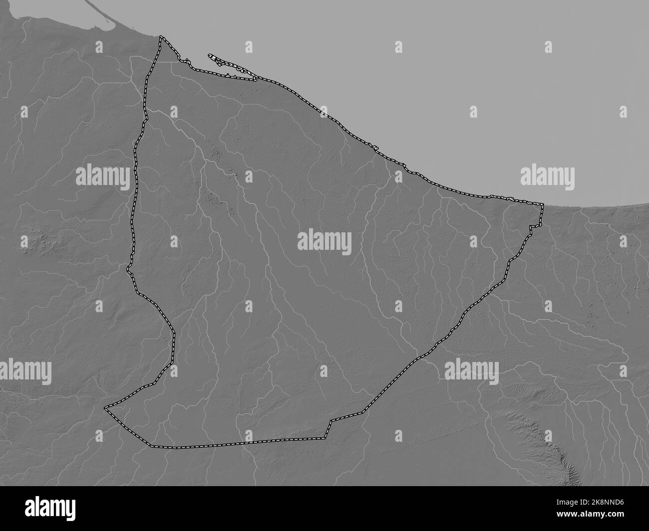 An Nuqat al Khams, district of Libya. Bilevel elevation map with lakes ...