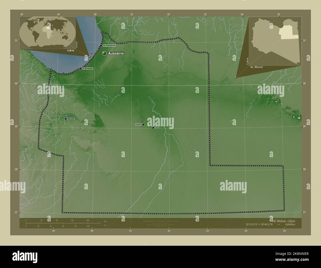 Al Wahat, district of Libya. Elevation map colored in wiki style with ...