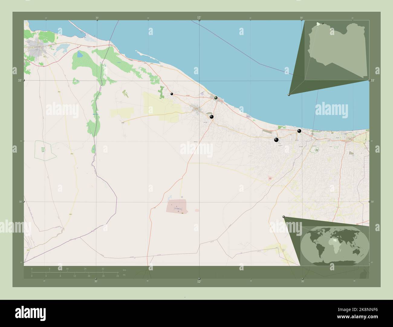 An Nuqat al Khams, district of Libya. Open Street Map. Locations of major cities of the region ...