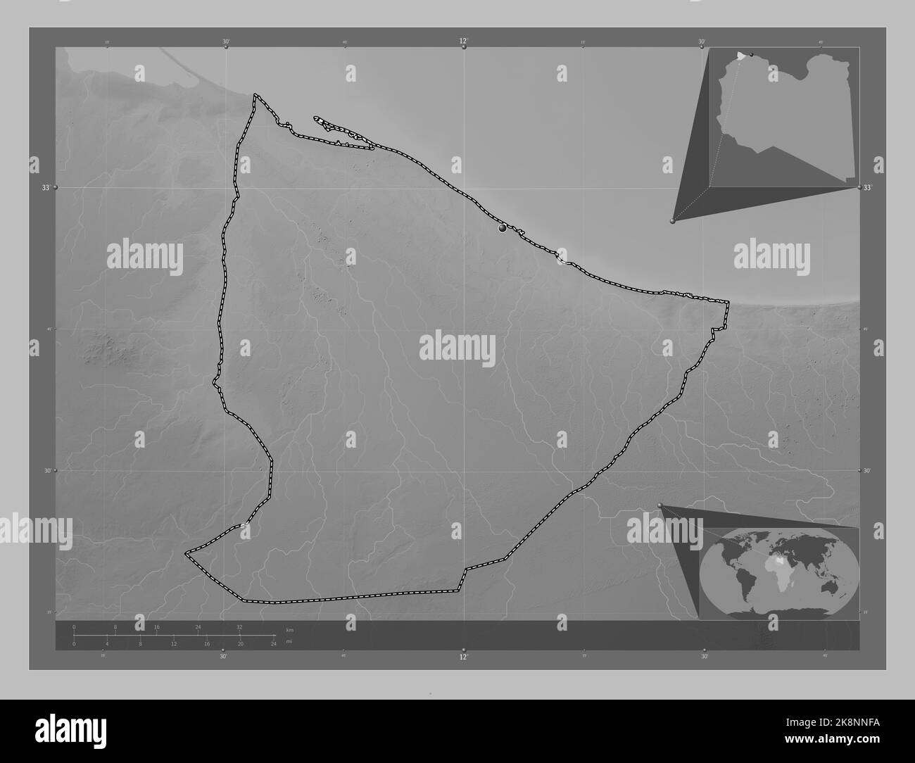 An Nuqat al Khams, district of Libya. Grayscale elevation map with ...