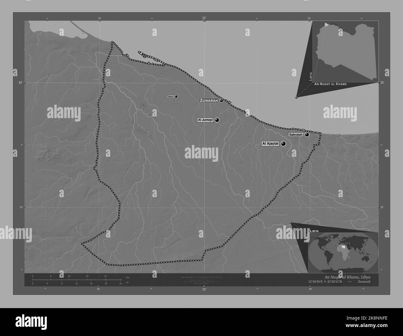 An Nuqat al Khams, district of Libya. Bilevel elevation map with lakes ...