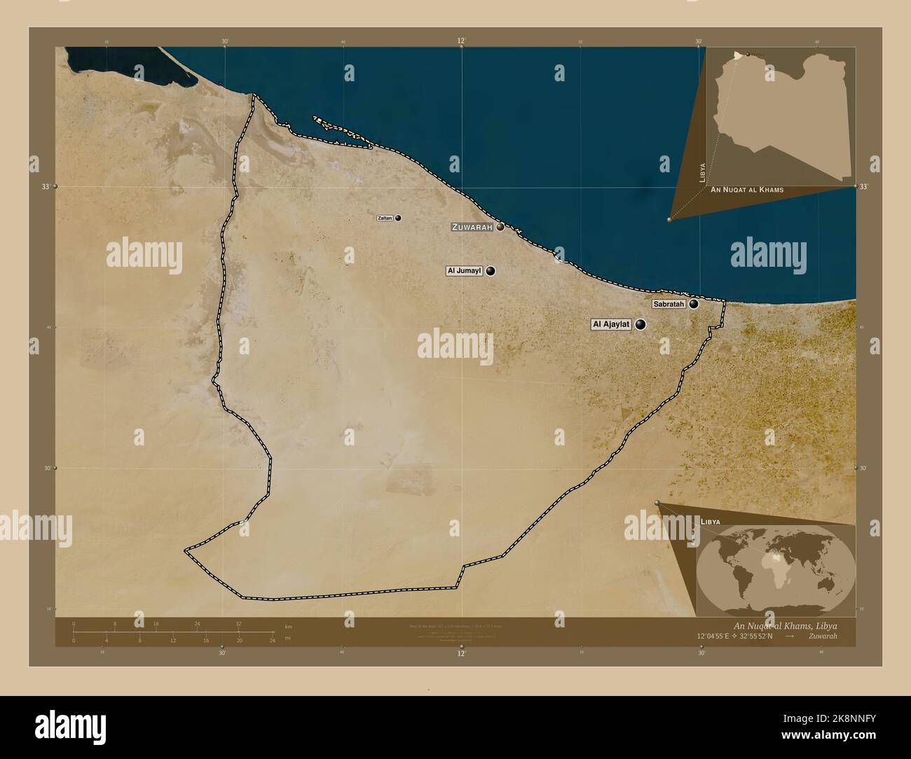 An Nuqat al Khams, district of Libya. Low resolution satellite map ...