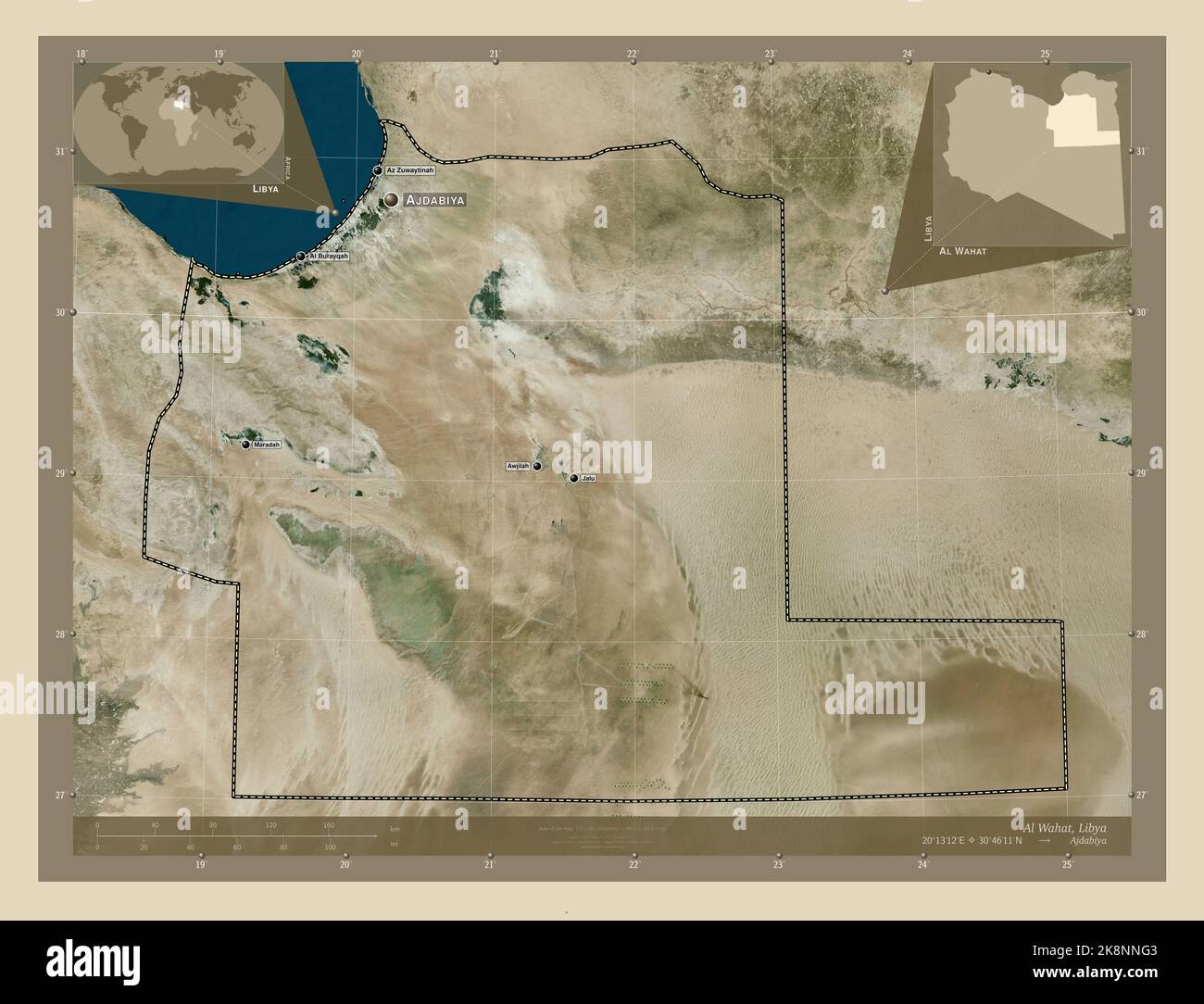 Al Wahat, district of Libya. High resolution satellite map. Locations ...
