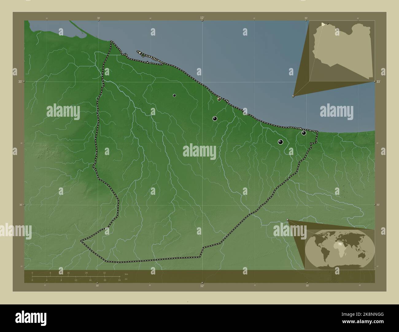 An Nuqat al Khams, district of Libya. Elevation map colored in wiki ...