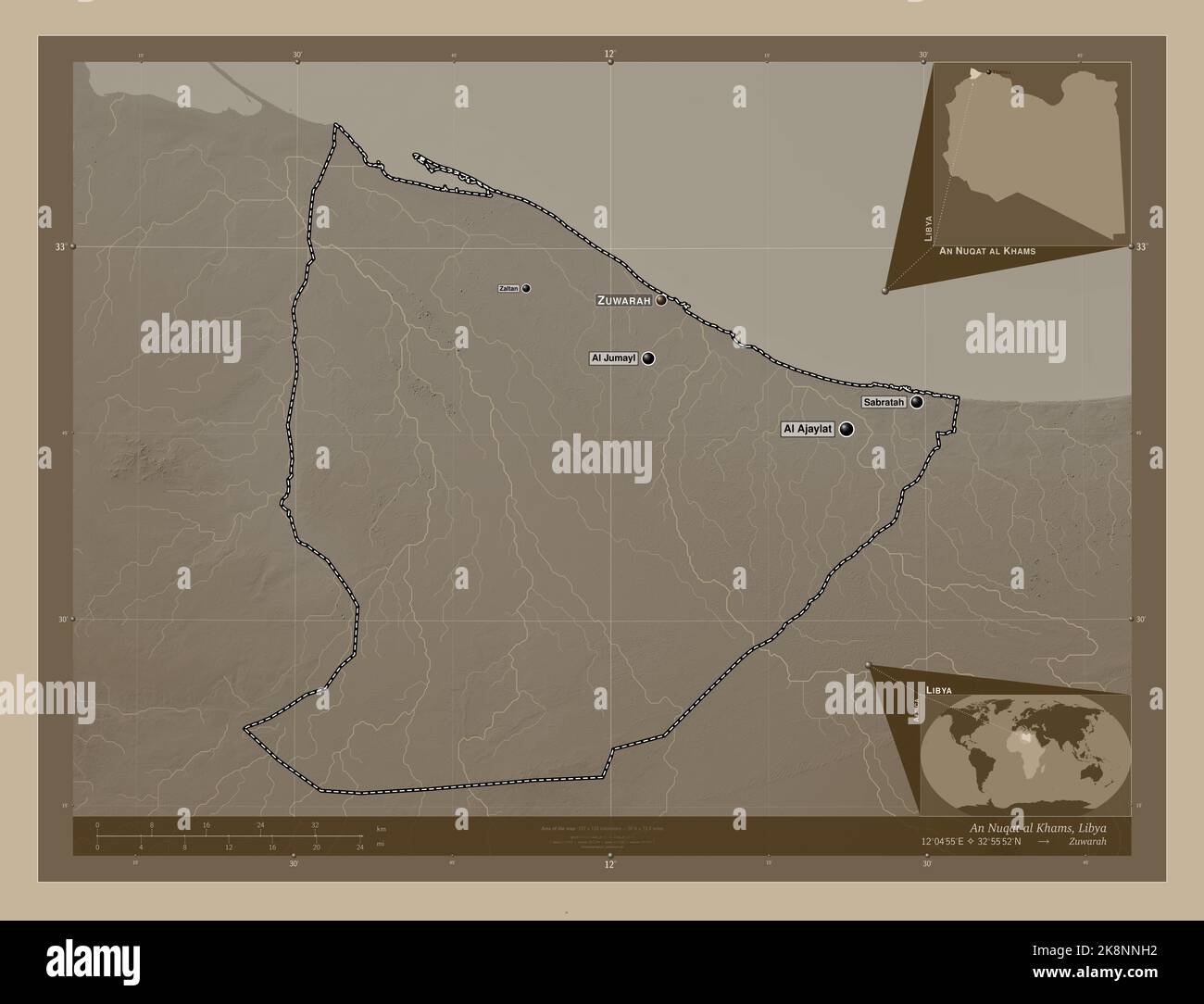 An Nuqat al Khams, district of Libya. Elevation map colored in sepia ...
