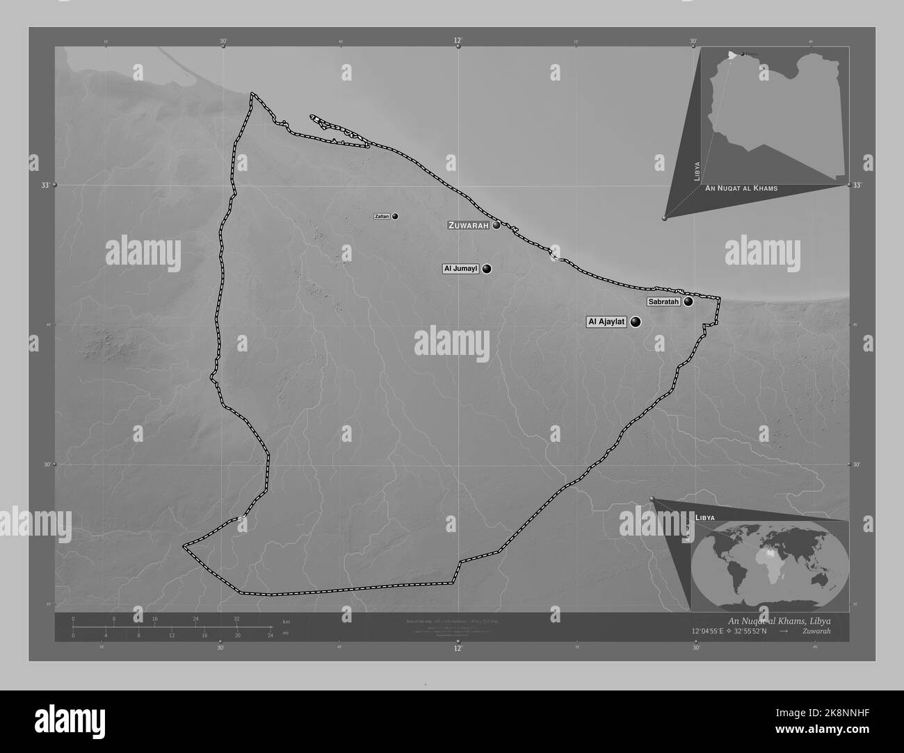 An Nuqat al Khams, district of Libya. Grayscale elevation map with ...