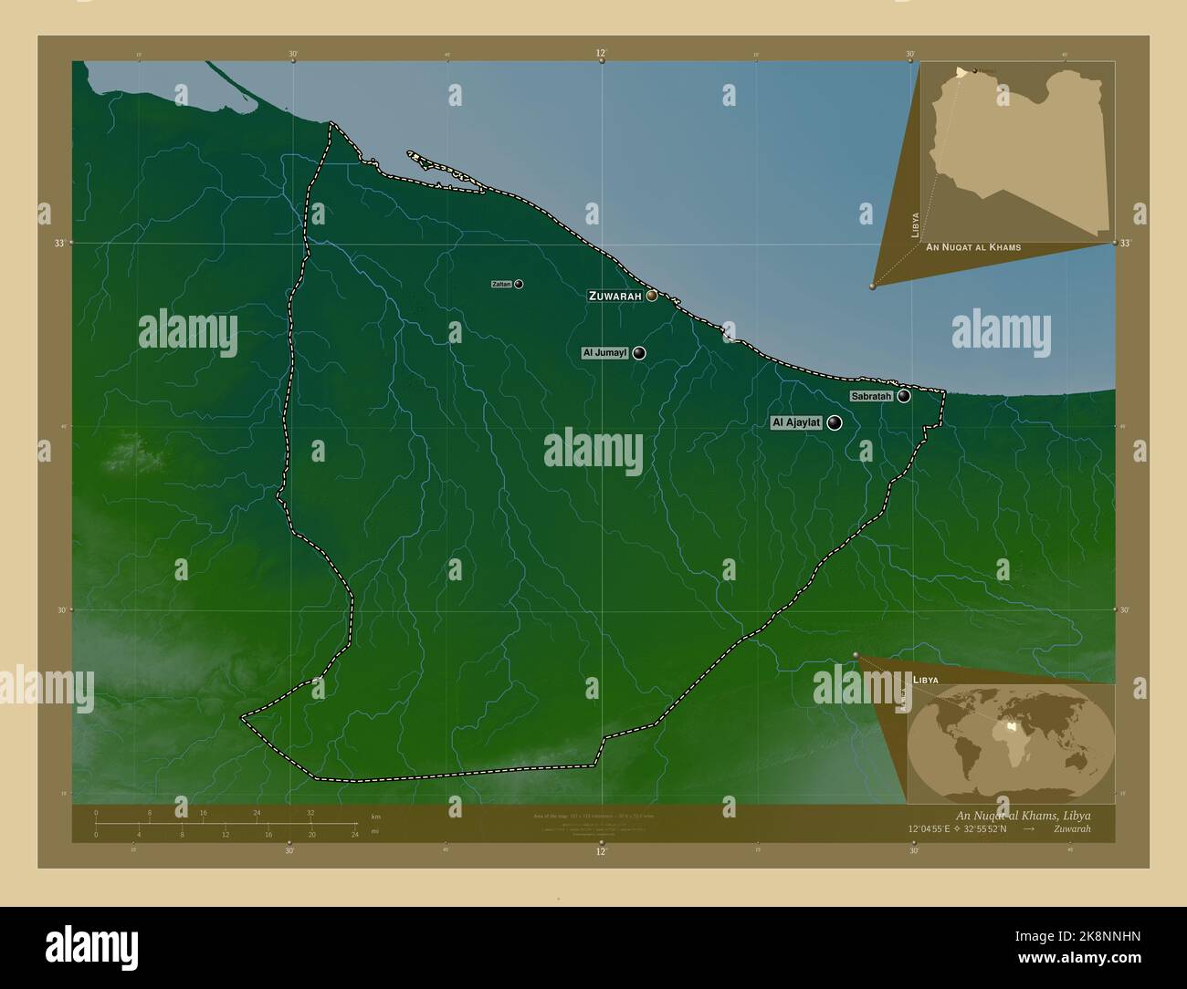 An Nuqat al Khams, district of Libya. Colored elevation map with lakes ...