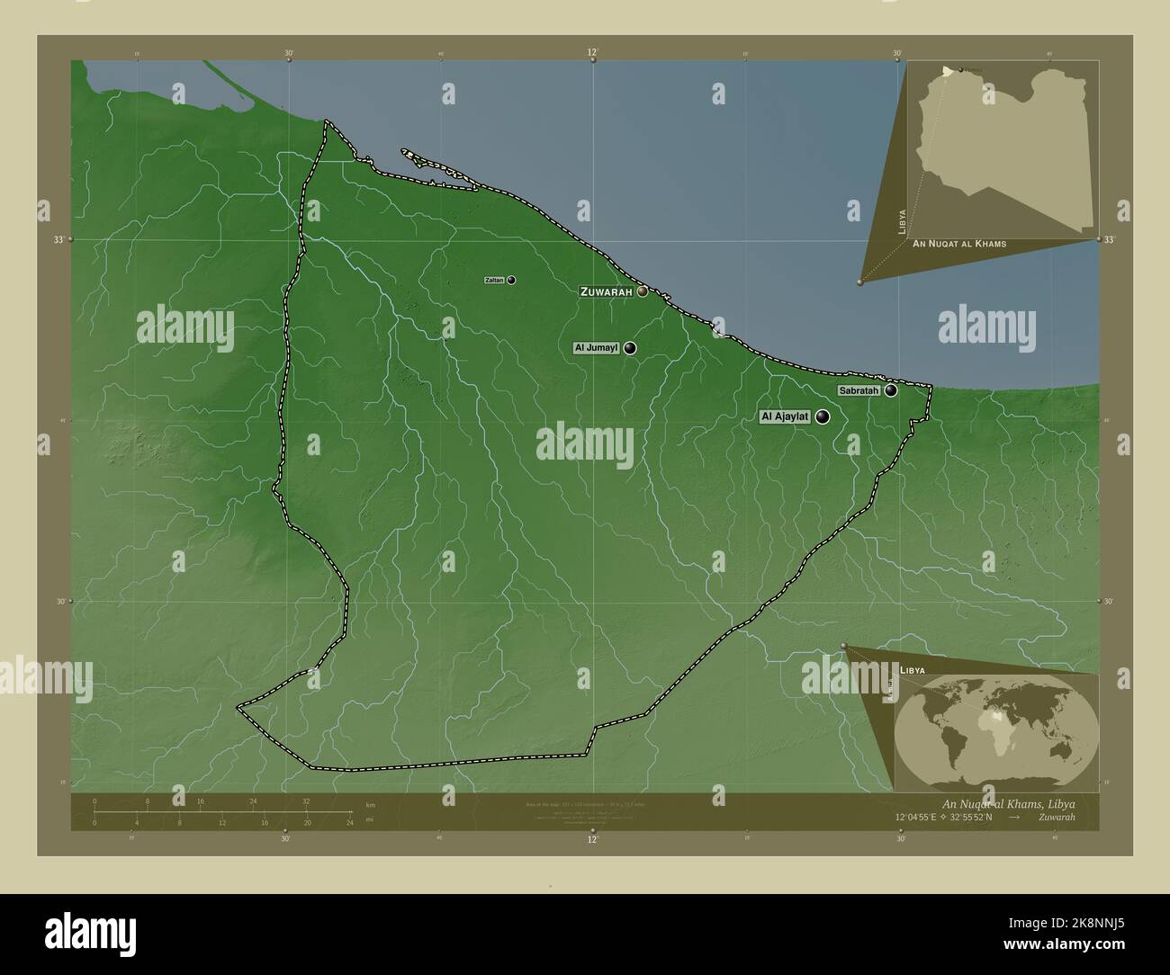 An Nuqat al Khams, district of Libya. Elevation map colored in wiki ...