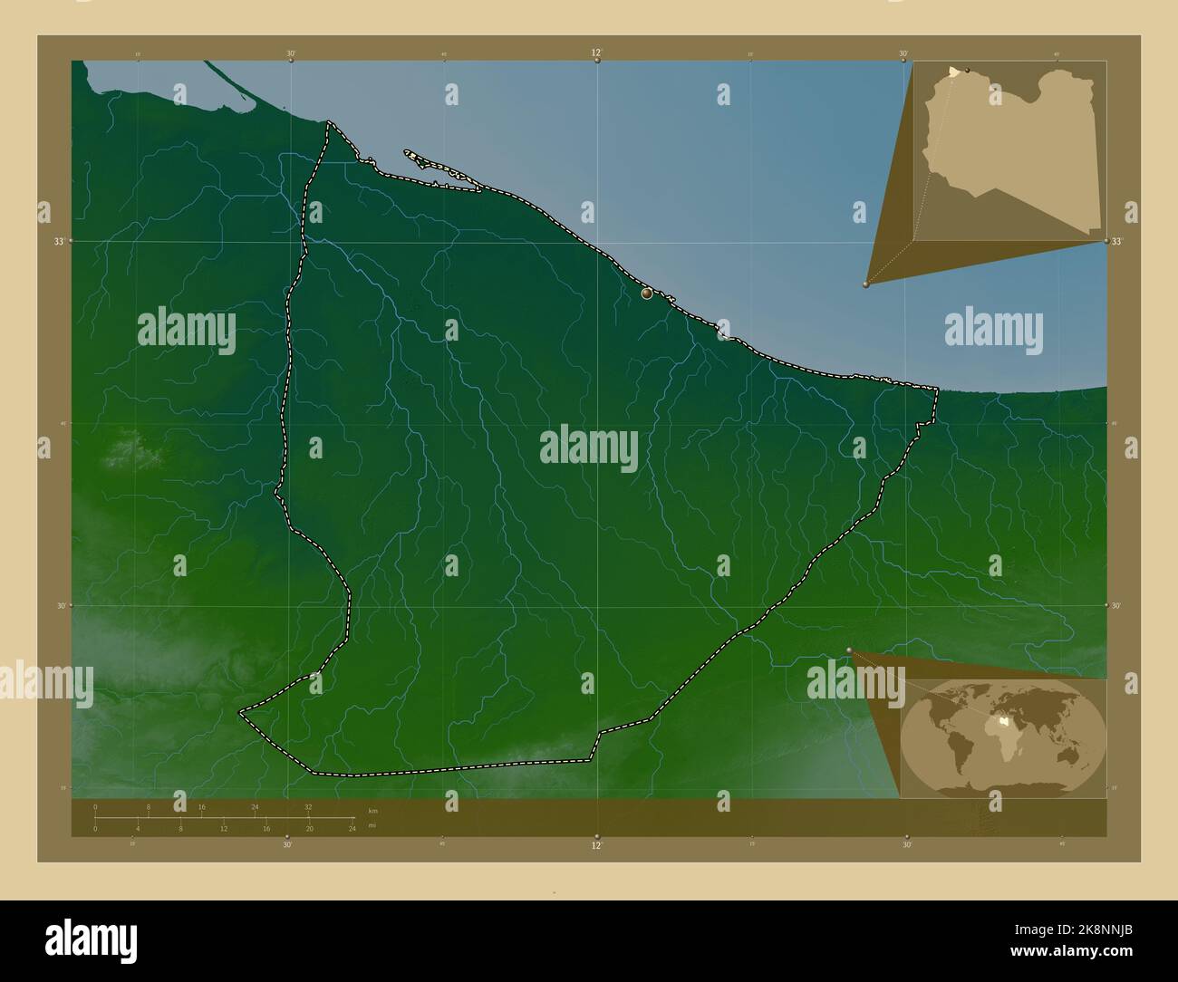 An Nuqat al Khams, district of Libya. Colored elevation map with lakes ...