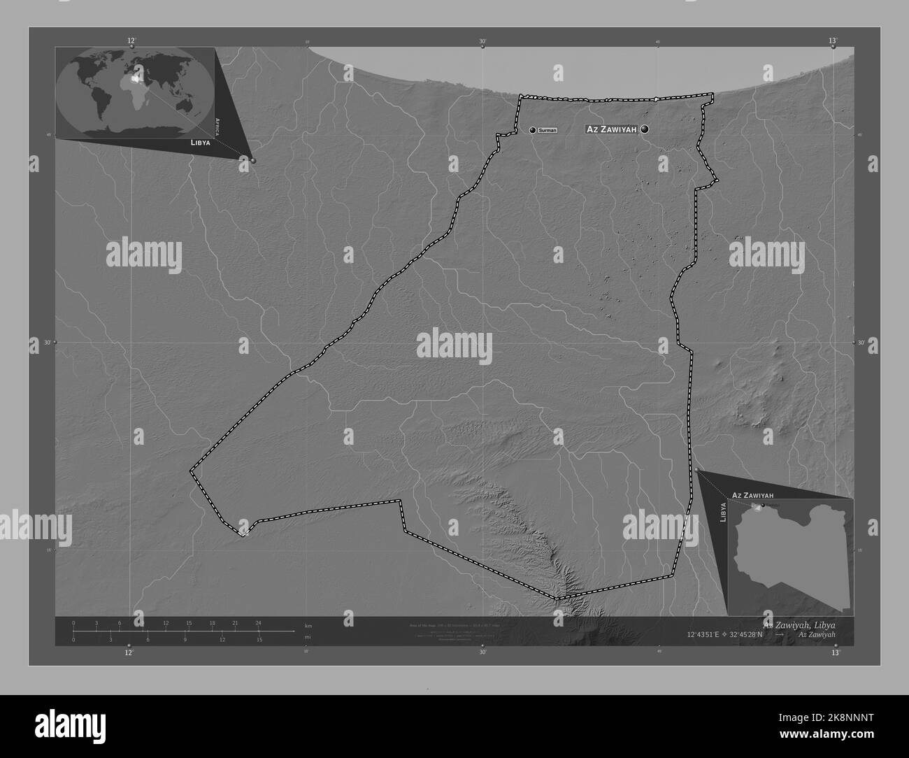 Az Zawiyah, district of Libya. Bilevel elevation map with lakes and ...