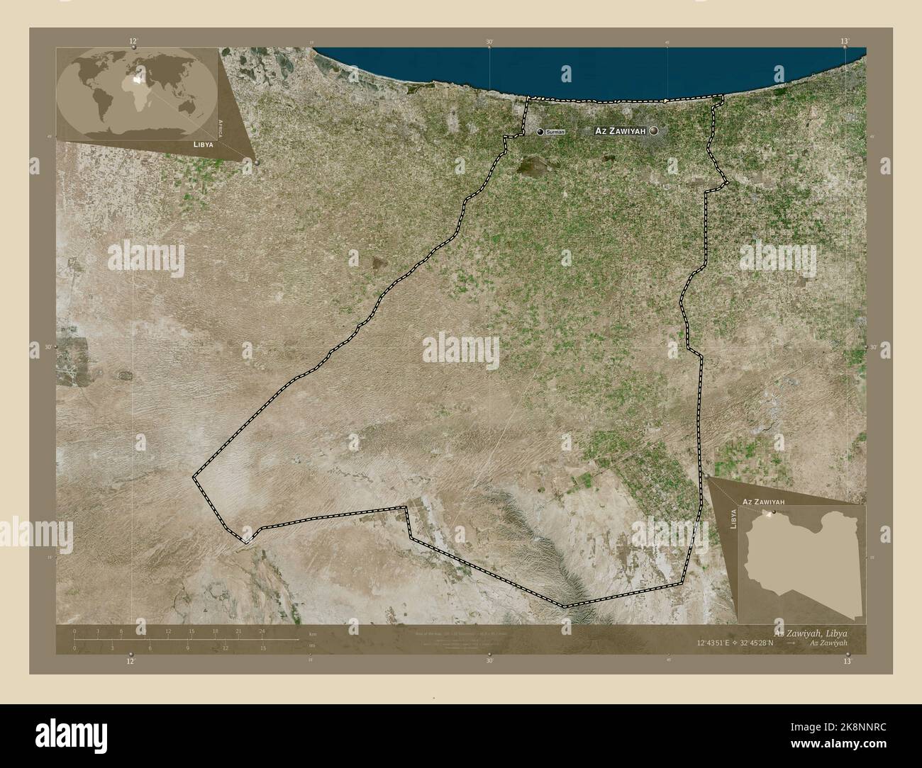 Az Zawiyah, district of Libya. High resolution satellite map. Locations ...