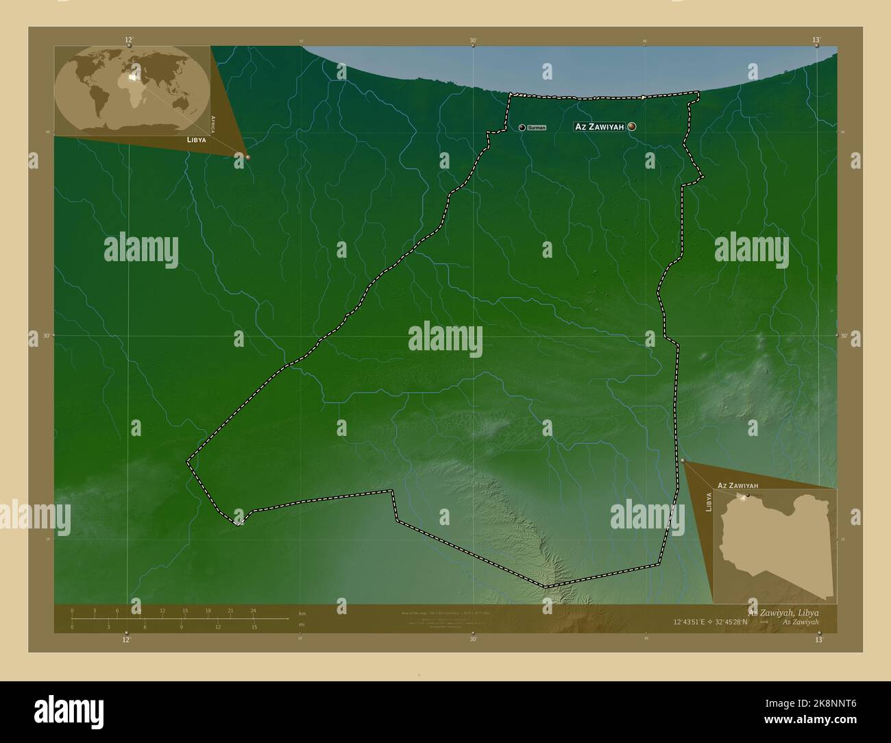 Az Zawiyah, district of Libya. Colored elevation map with lakes and ...