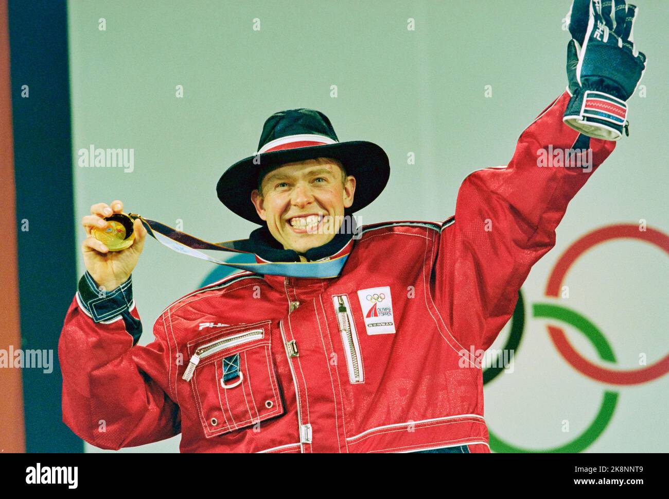 Nagano, Japan 19980211 Halvard Hanevold rejoices after receiving his ...
