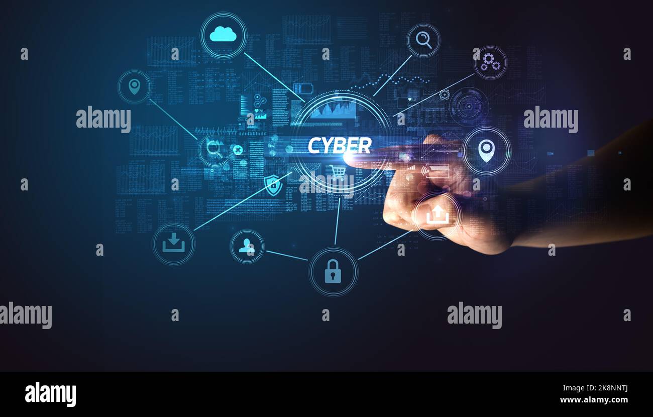 Hand touching cybersecurity button concept Stock Photo - Alamy