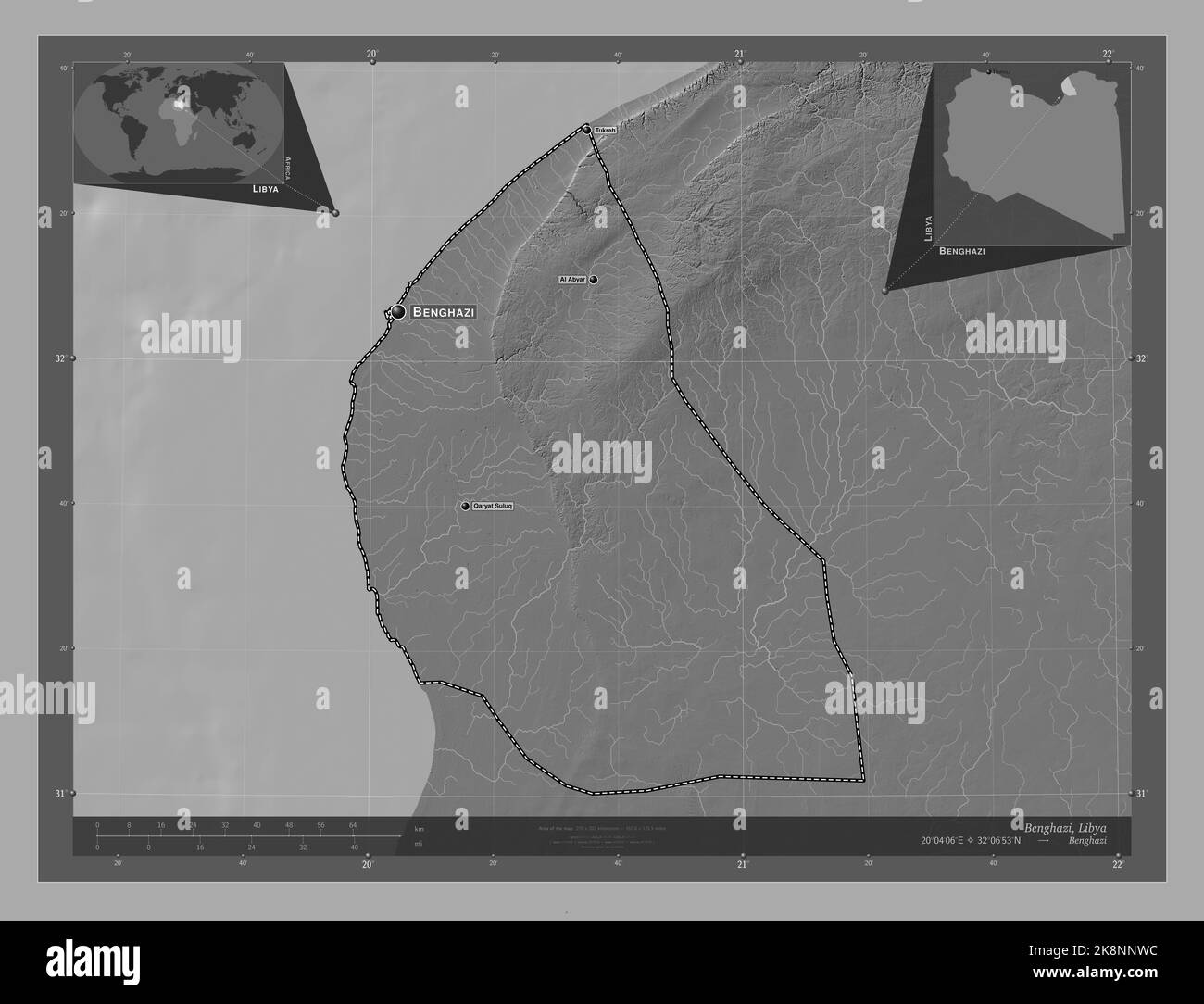 Benghazi, district of Libya. Bilevel elevation map with lakes and ...
