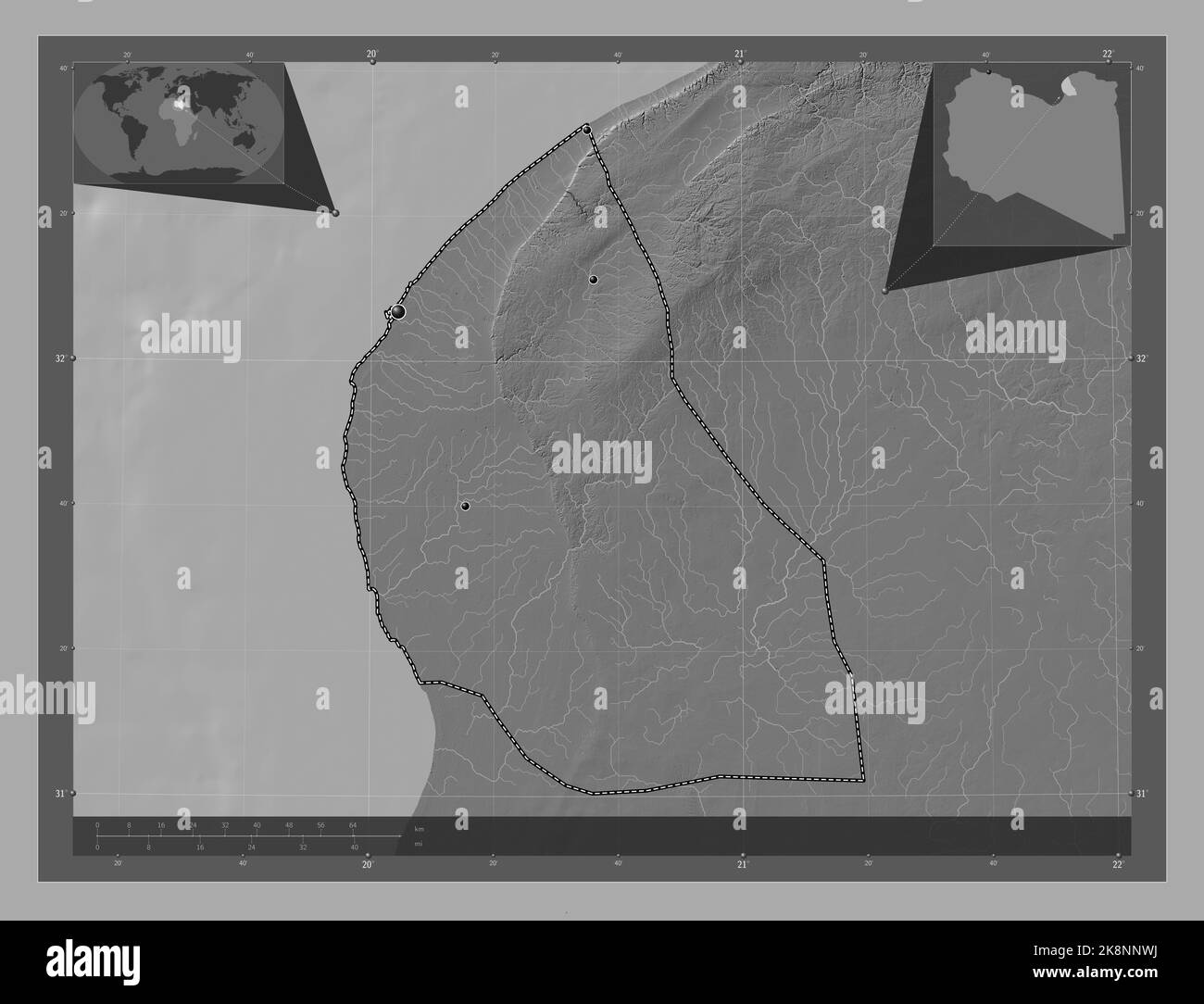 Benghazi, district of Libya. Bilevel elevation map with lakes and ...
