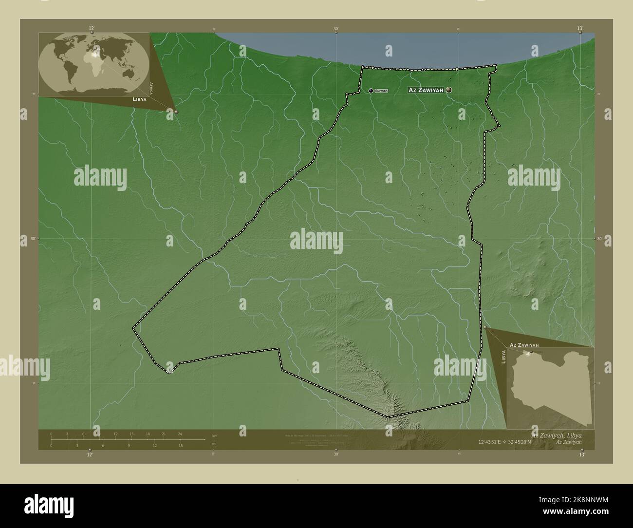 Az Zawiyah, district of Libya. Elevation map colored in wiki style with ...