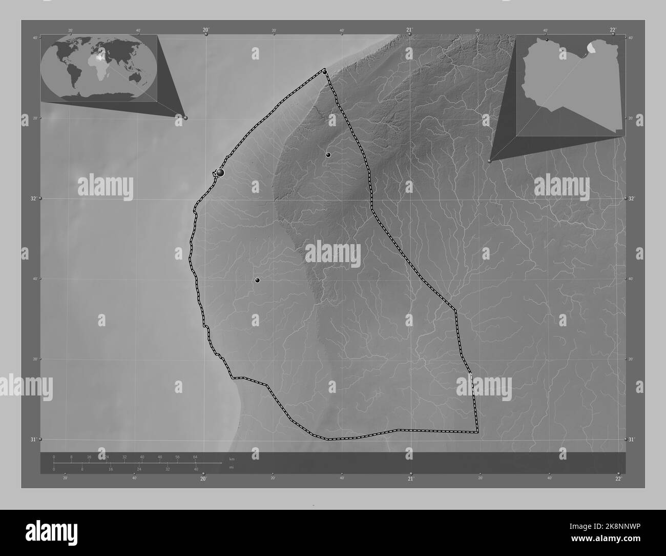 Benghazi, district of Libya. Grayscale elevation map with lakes and ...