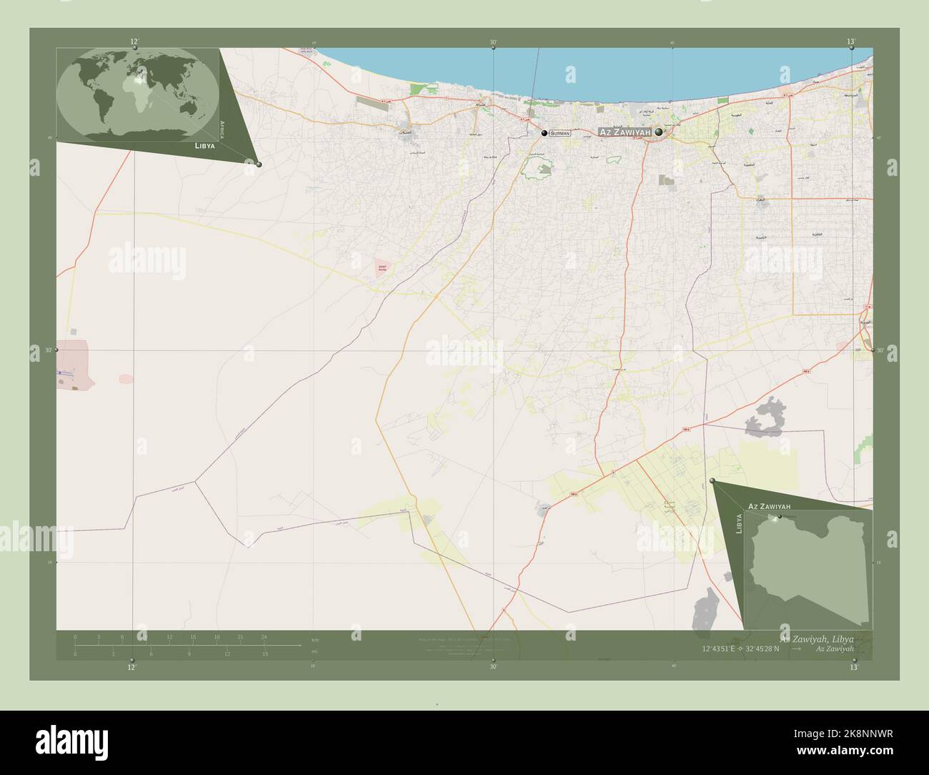 Az Zawiyah, district of Libya. Open Street Map. Locations and names of ...