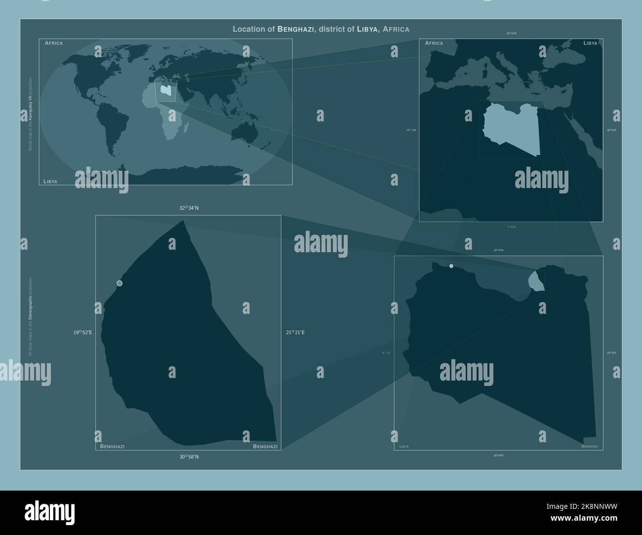 Benghazi, district of Libya. Diagram showing the location of the region ...