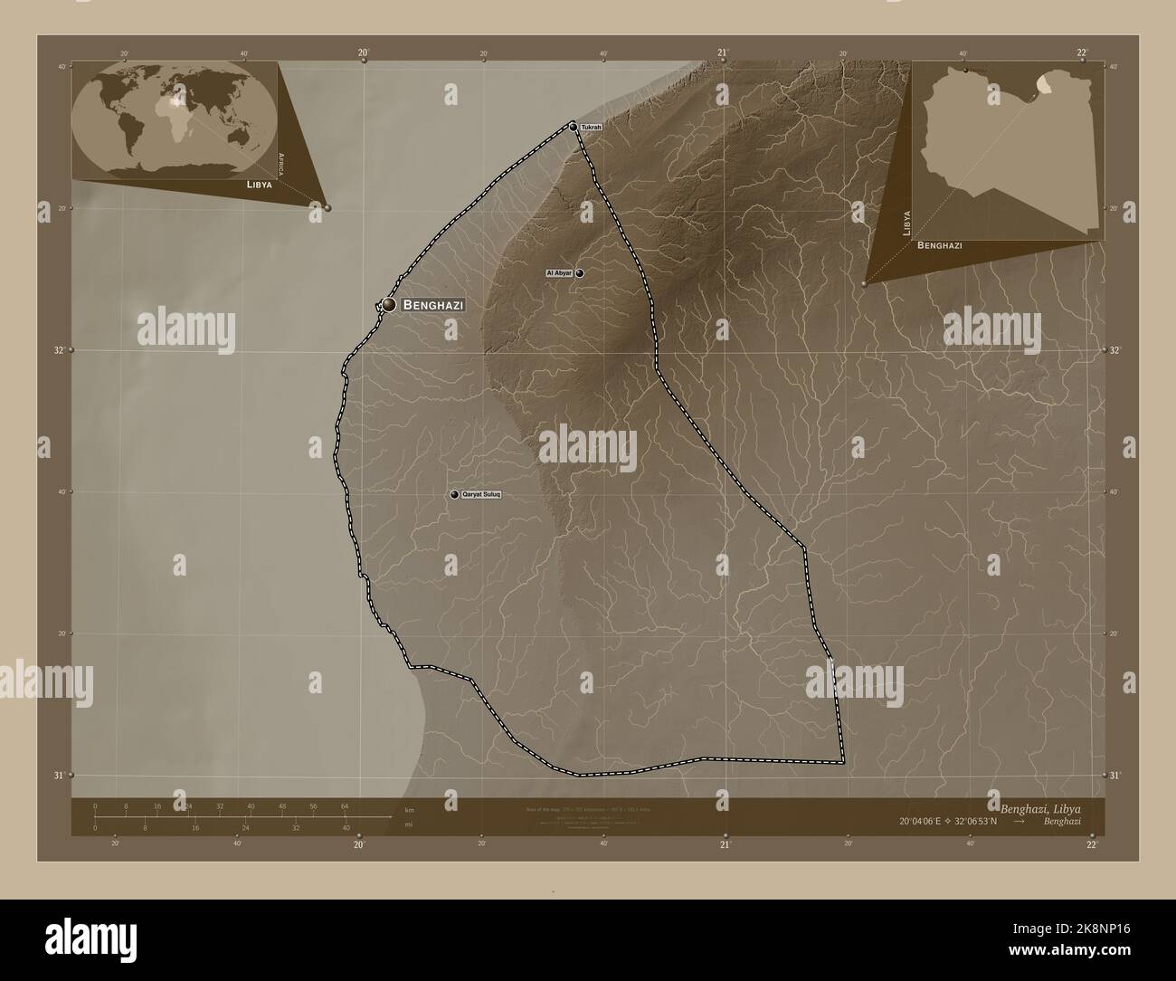 Benghazi, district of Libya. Elevation map colored in sepia tones with ...