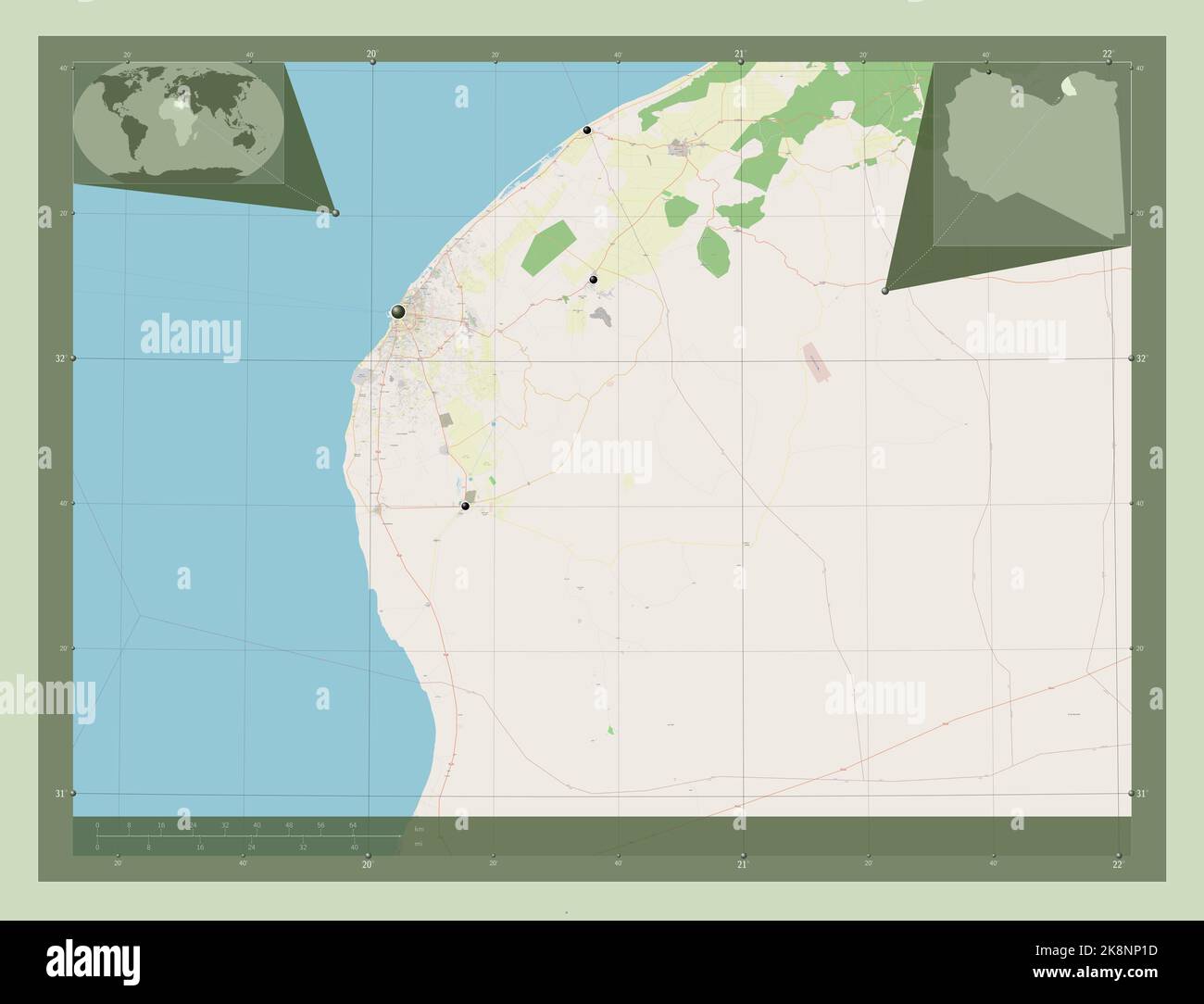 Benghazi, district of Libya. Open Street Map. Locations of major cities ...
