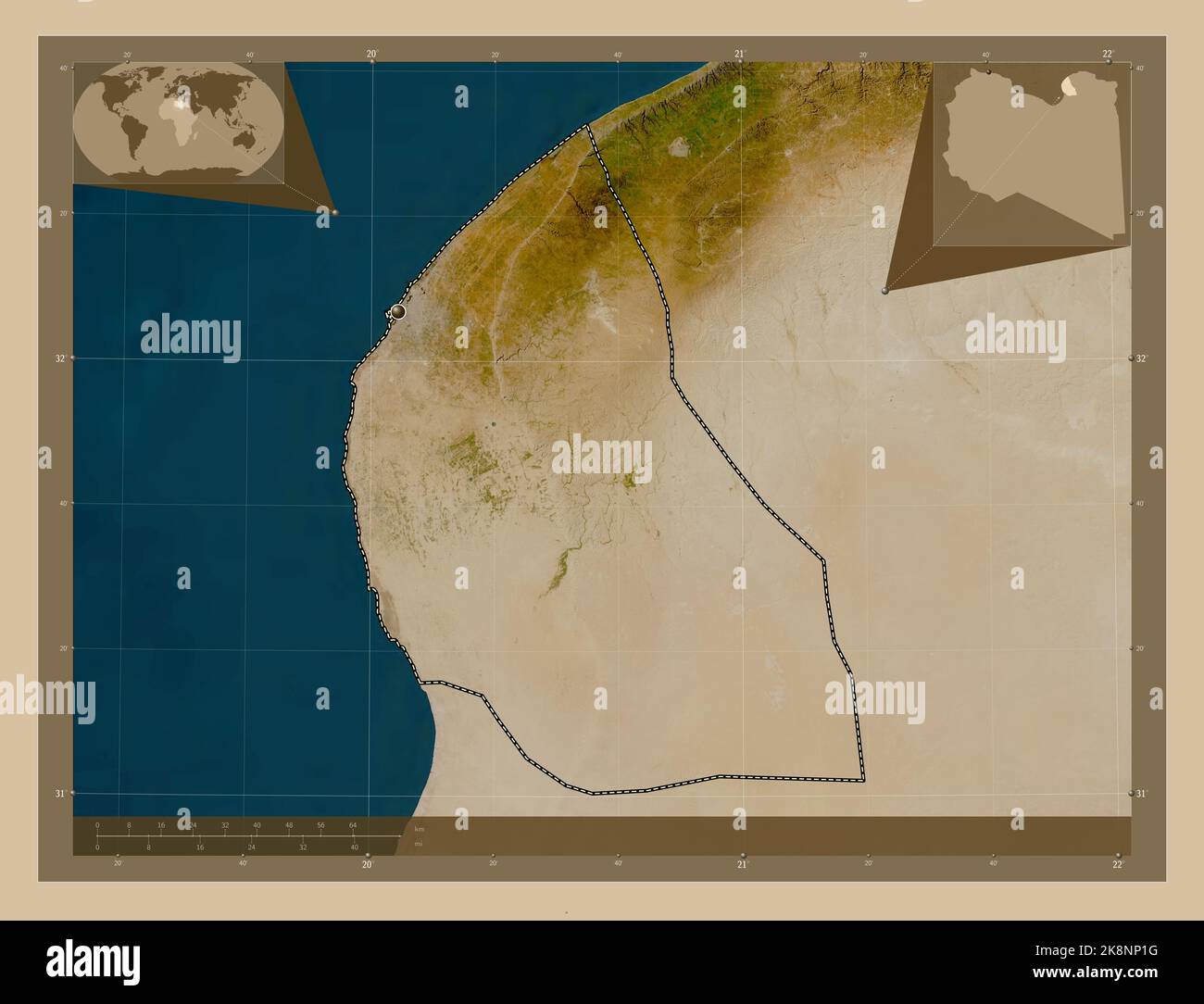 Benghazi, district of Libya. Low resolution satellite map. Corner ...