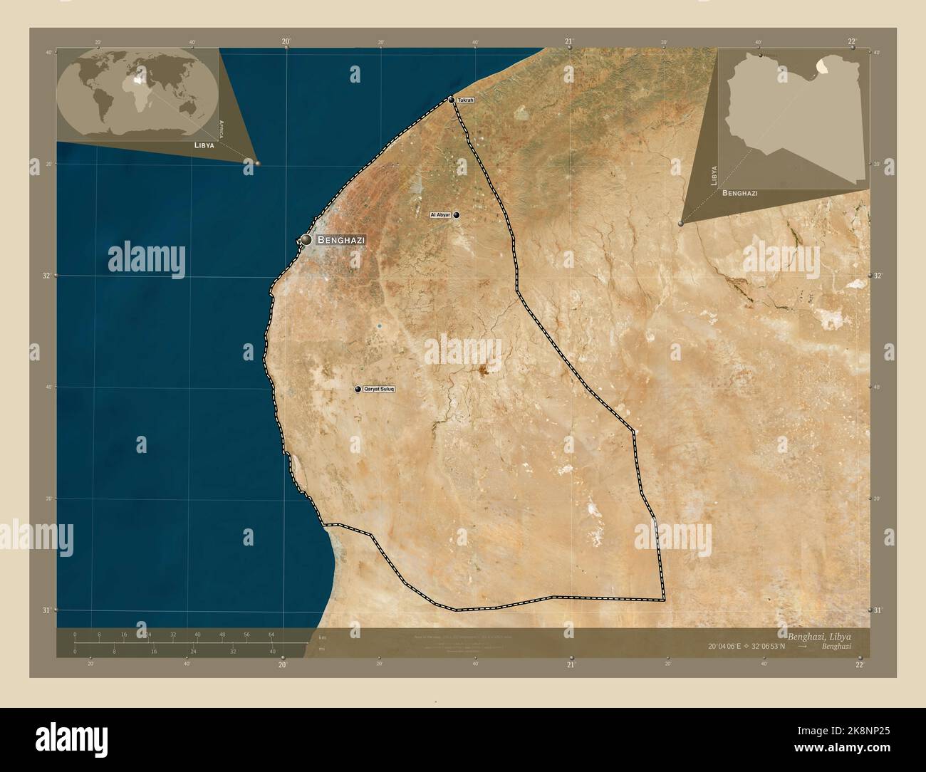 Benghazi, district of Libya. High resolution satellite map. Locations ...