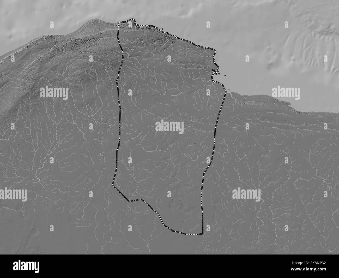 Darnah, district of Libya. Bilevel elevation map with lakes and rivers ...