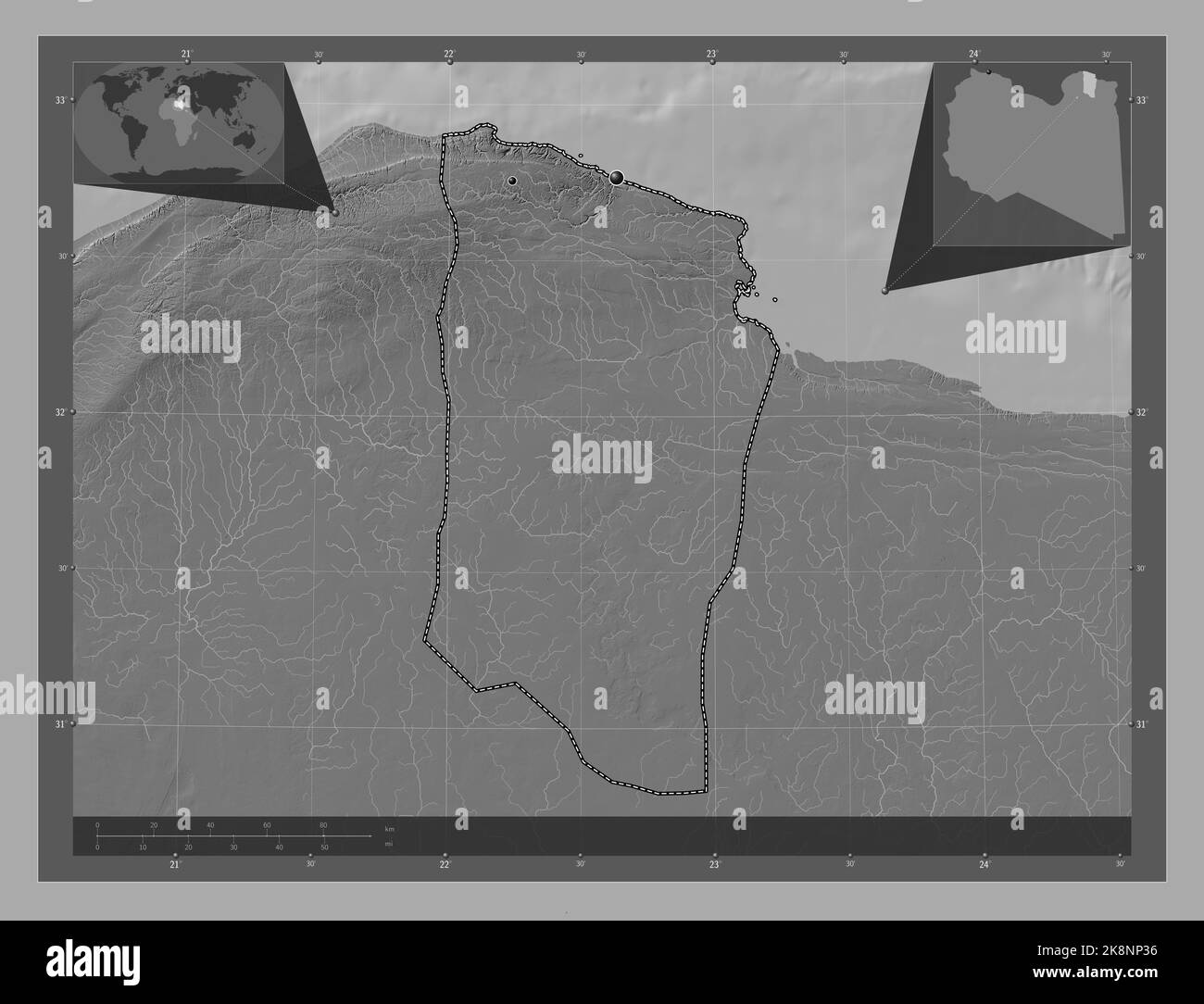 Darnah, district of Libya. Bilevel elevation map with lakes and rivers ...