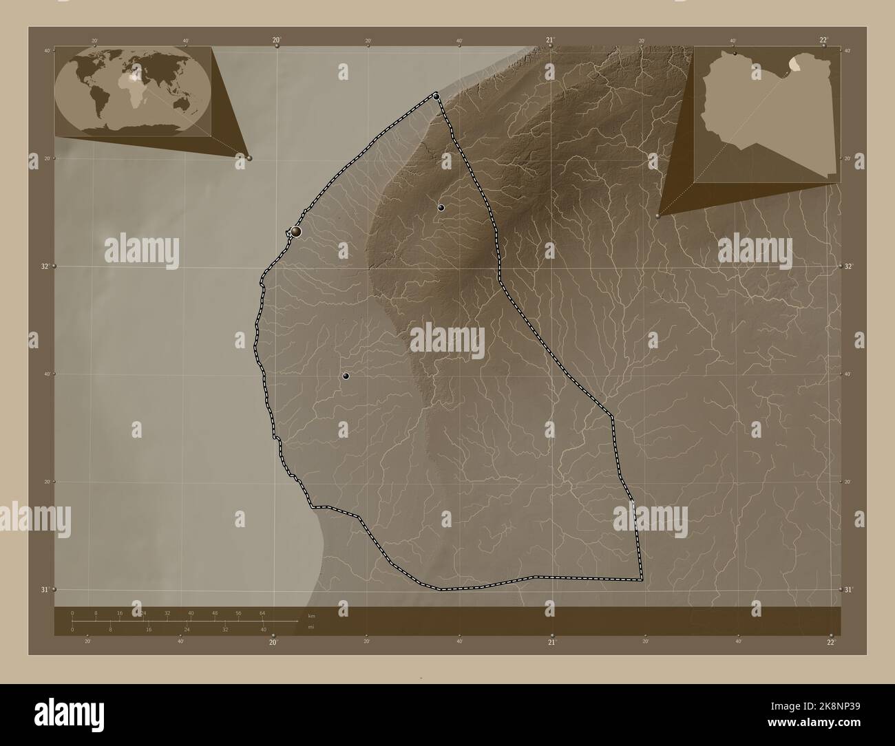 Benghazi, district of Libya. Elevation map colored in sepia tones with ...