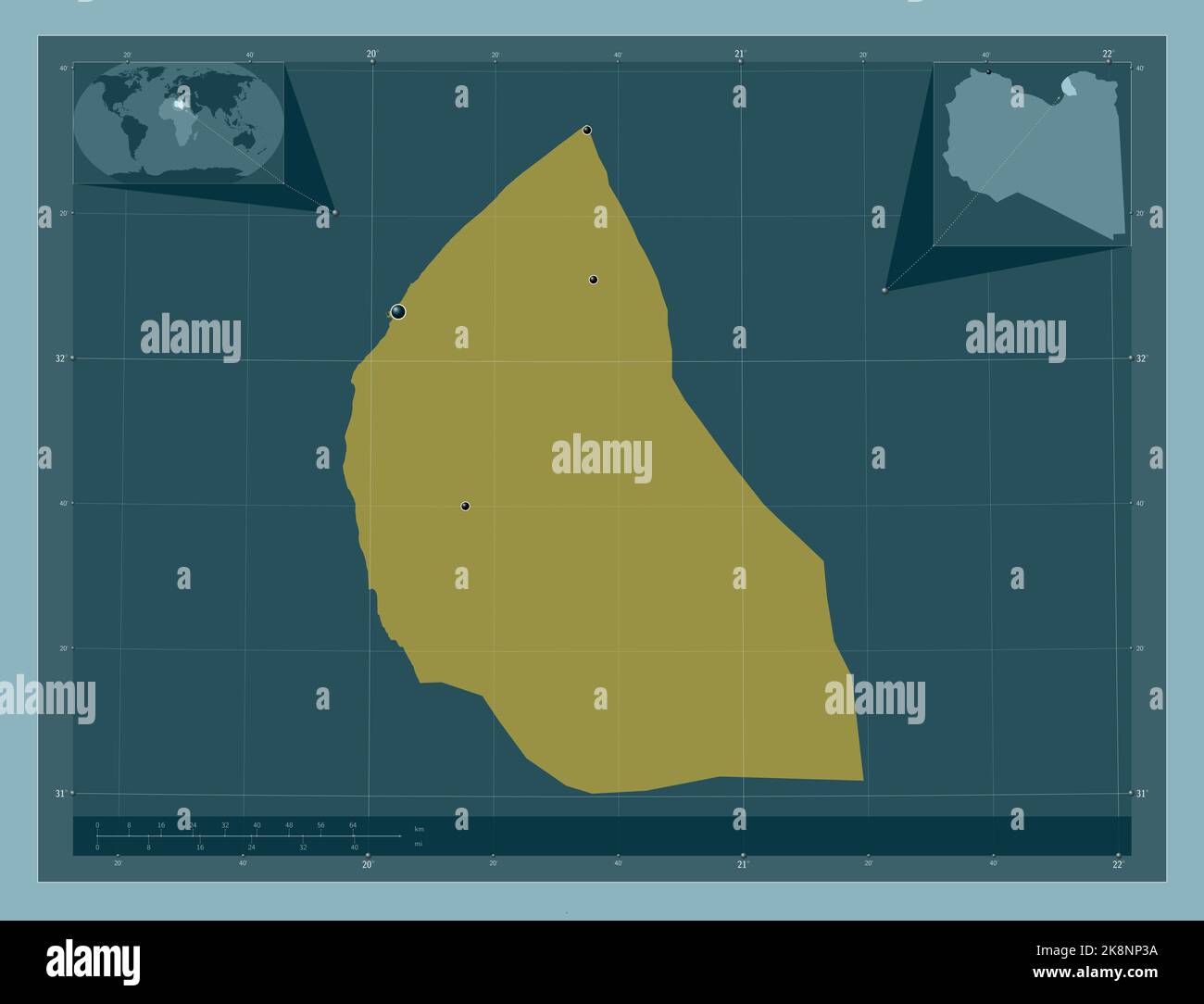 Benghazi, district of Libya. Solid color shape. Locations of major ...