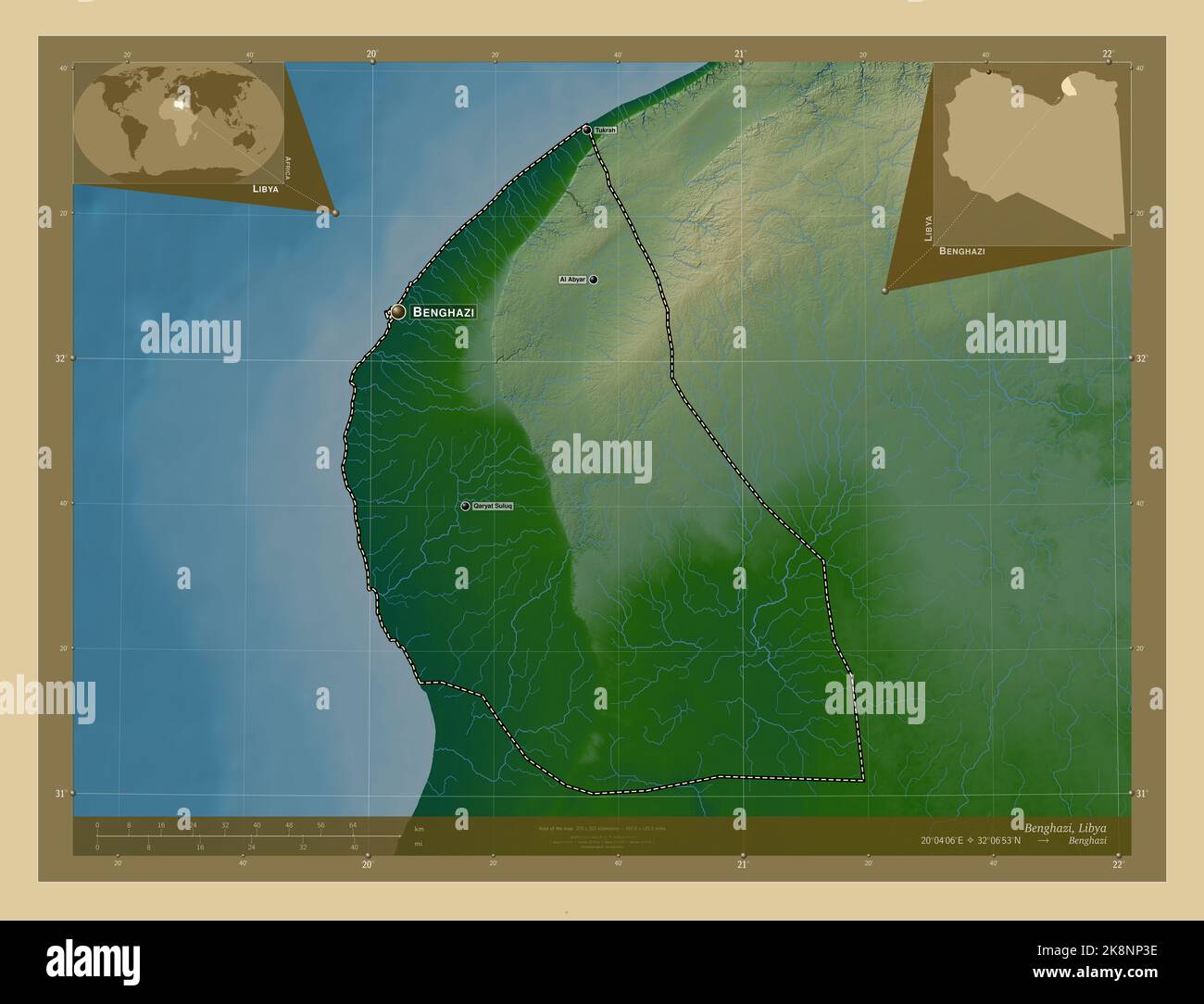 Benghazi, district of Libya. Colored elevation map with lakes and ...