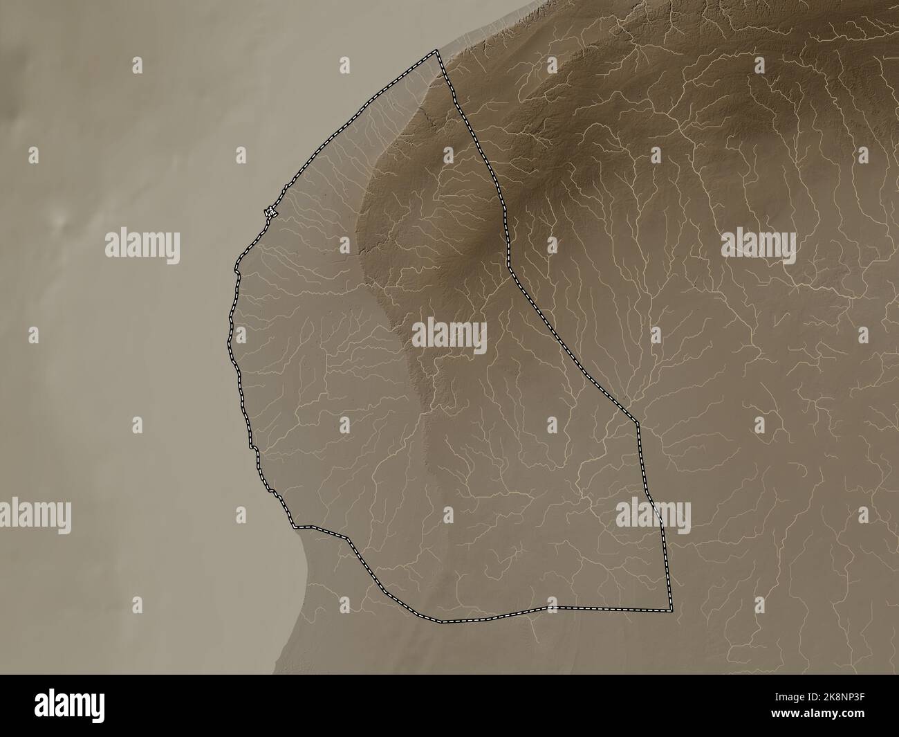 Benghazi, district of Libya. Elevation map colored in sepia tones with ...