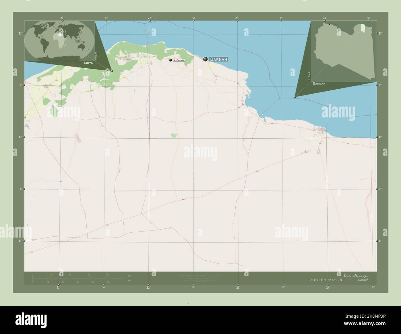 Darnah, district of Libya. Open Street Map. Locations and names of ...