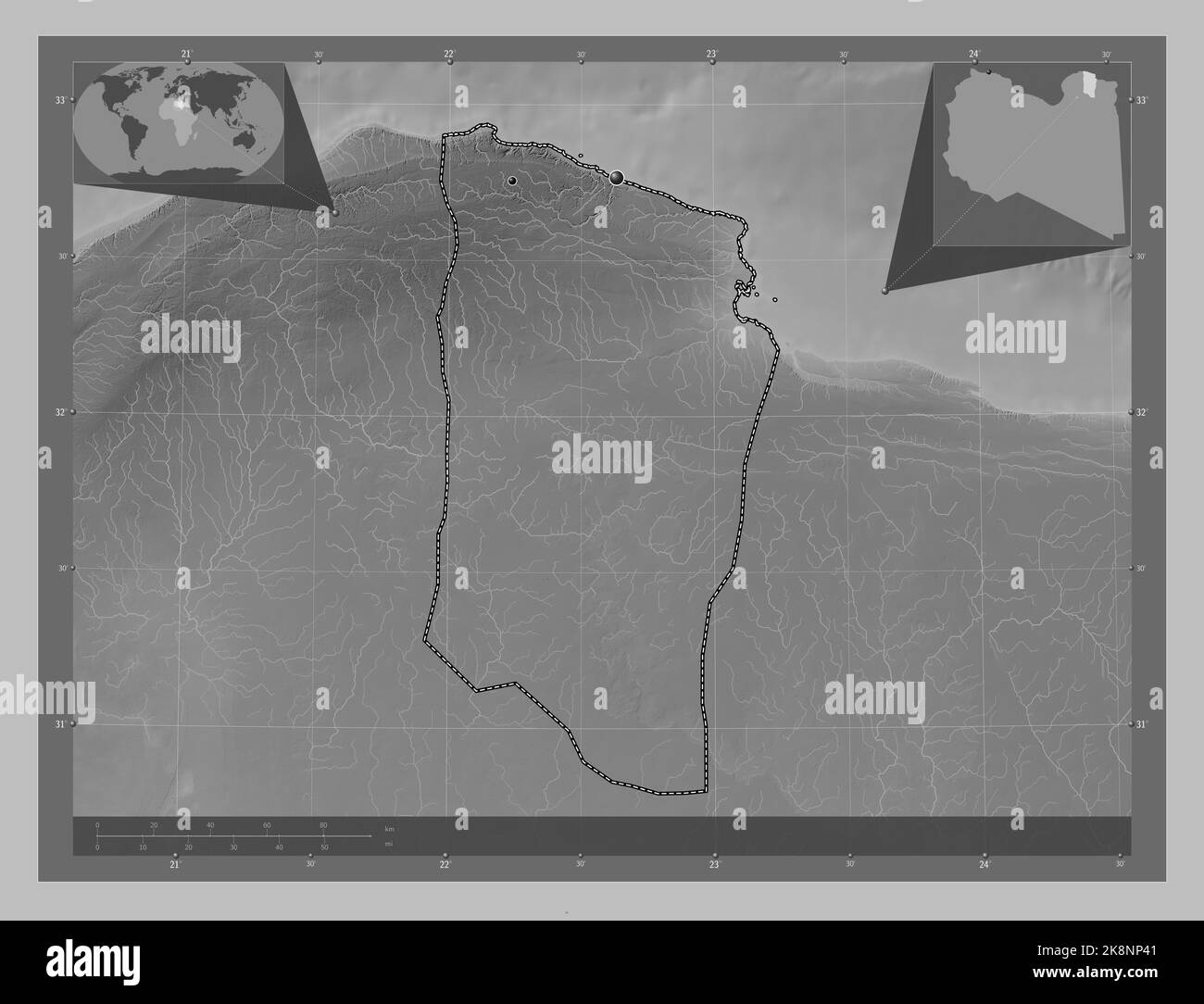 Darnah, district of Libya. Grayscale elevation map with lakes and ...