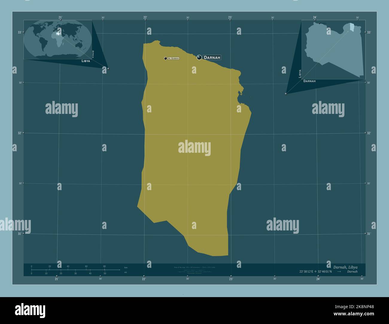 Darnah, district of Libya. Solid color shape. Locations and names of ...