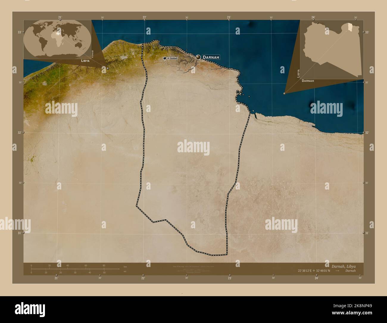 Darnah, district of Libya. Low resolution satellite map. Locations and ...