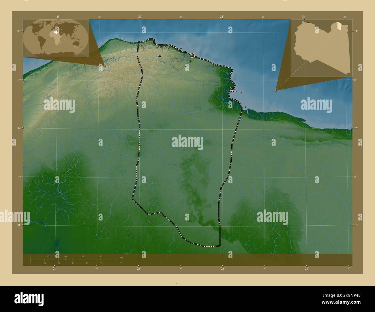 Darnah, district of Libya. Colored elevation map with lakes and rivers ...