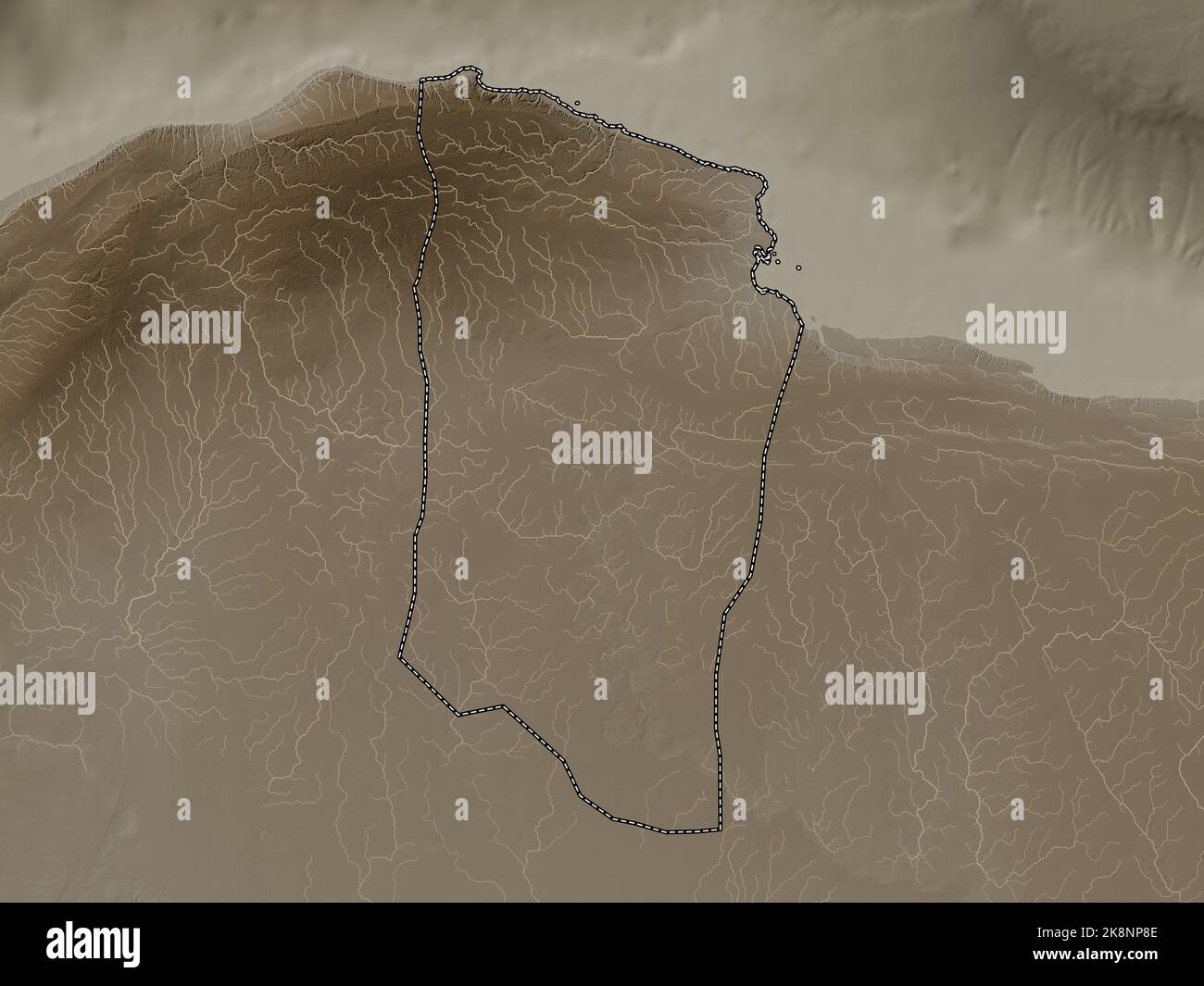 Darnah, district of Libya. Elevation map colored in sepia tones with ...