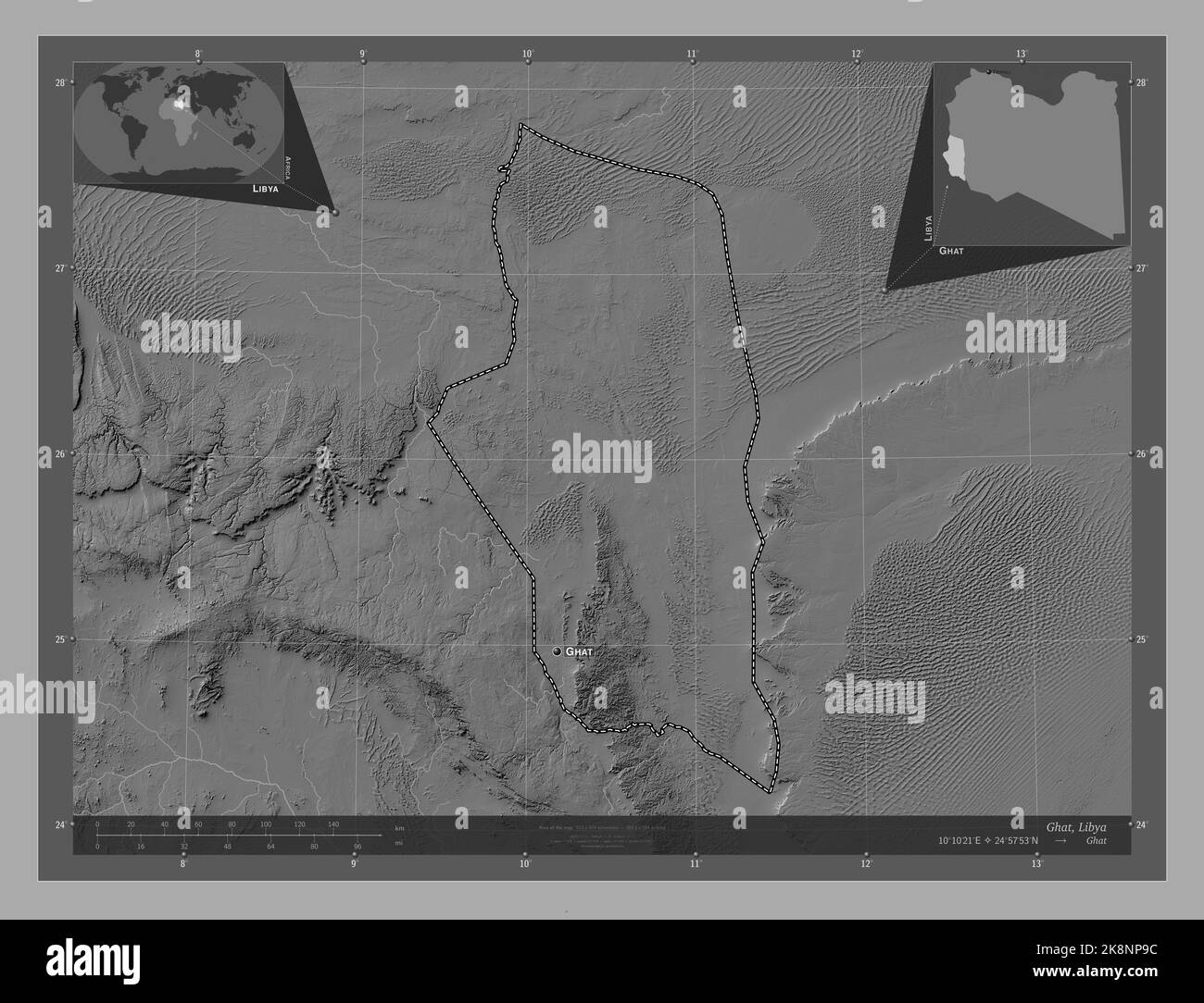 Ghat, district of Libya. Bilevel elevation map with lakes and rivers ...