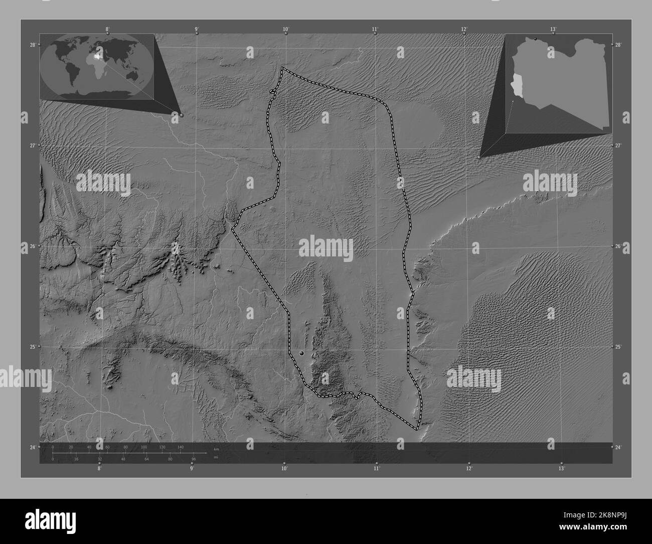 Ghat, district of Libya. Bilevel elevation map with lakes and rivers ...