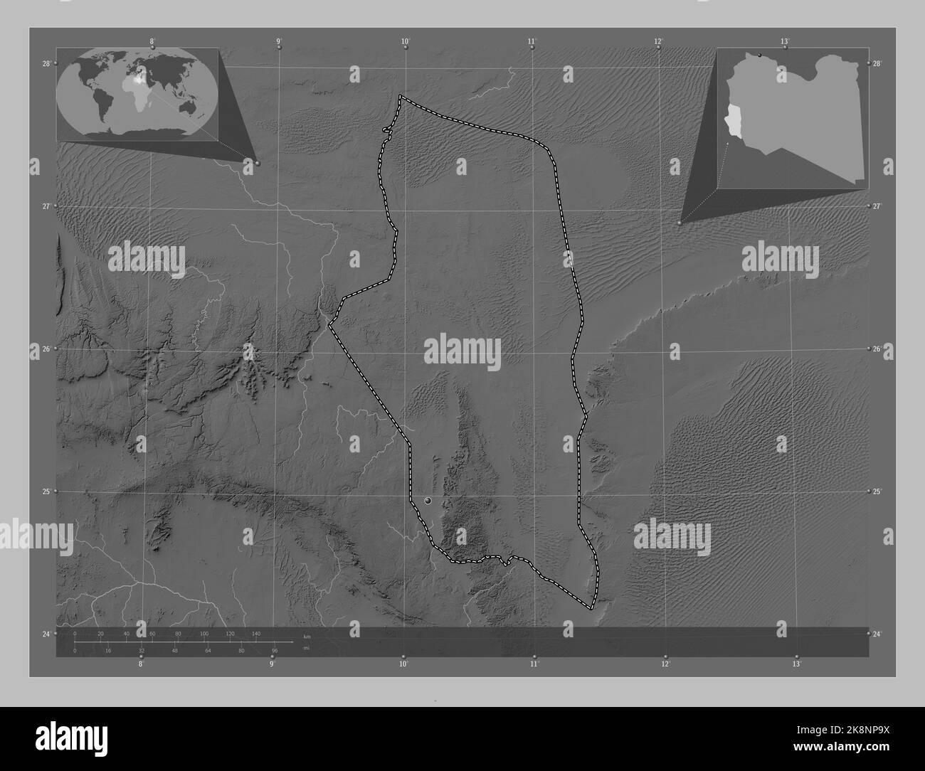 Ghat, district of Libya. Grayscale elevation map with lakes and rivers ...