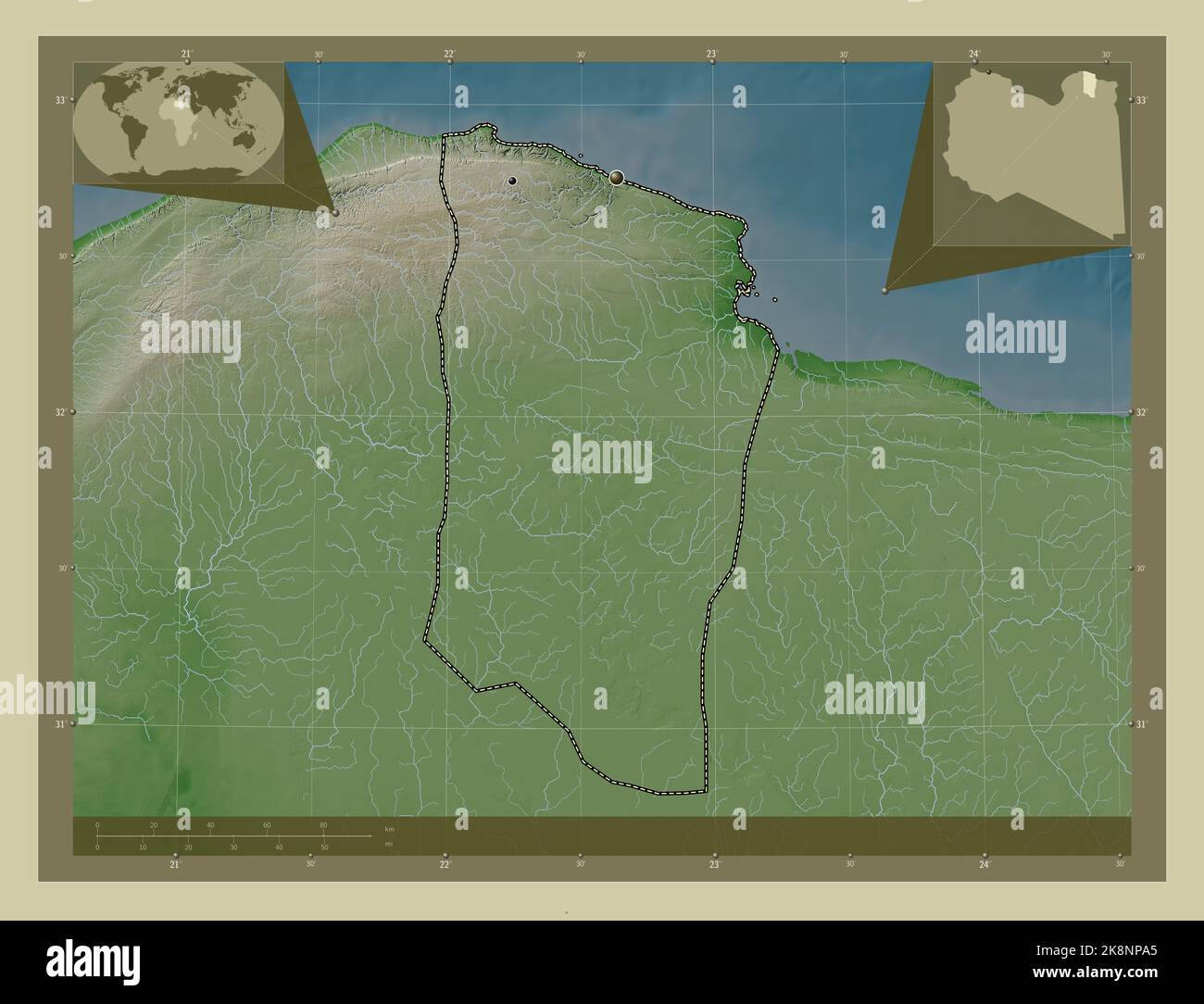 Darnah, district of Libya. Elevation map colored in wiki style with ...